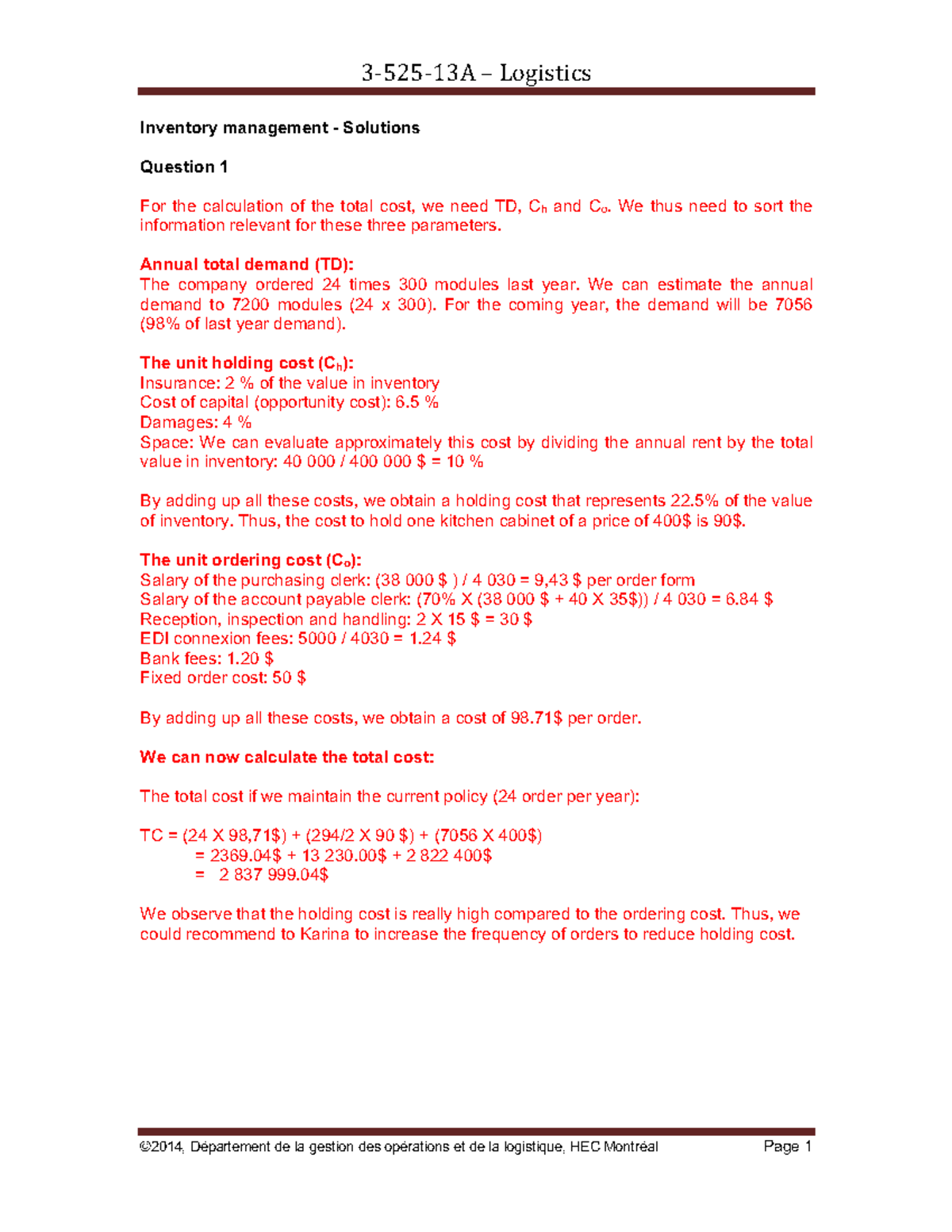 Exercises Inventory Management Solution 1 Inventory Management