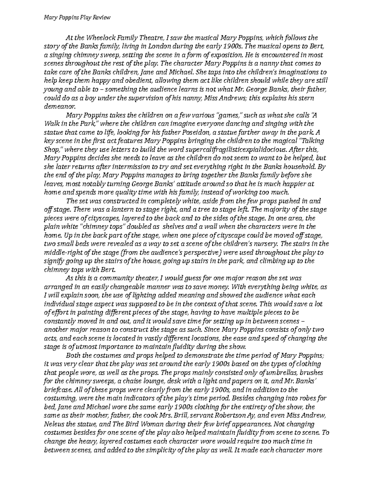 Play Review Essay - Mary Poppins Spring 2016 Grade A - Mary Poppins ...