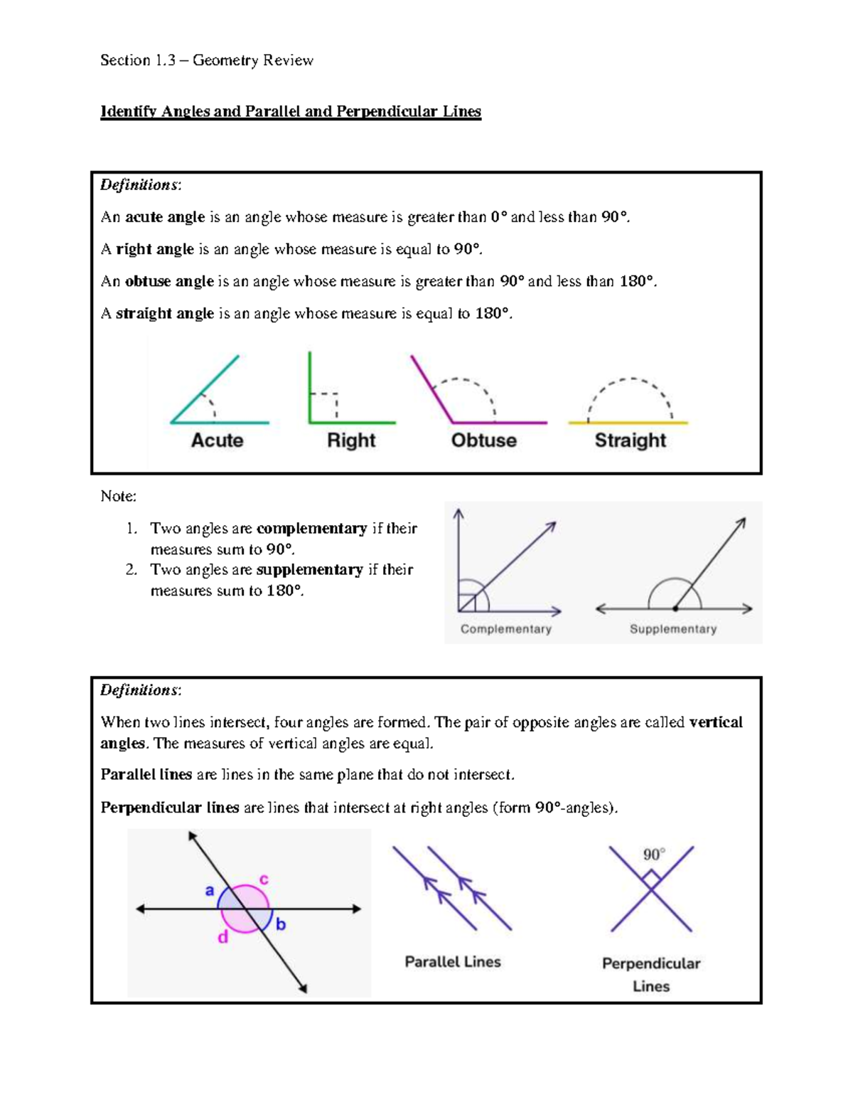 Section 1.3 - Geometry Review - Identify Angles and Parallel and ...
