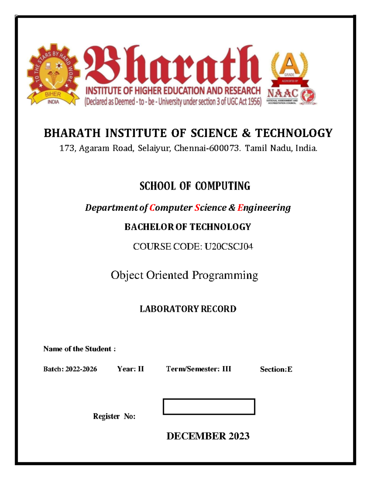OOPS Record Final - BHARATH INSTITUTE OF SCIENCE & TECHNOLOGY 173 ...