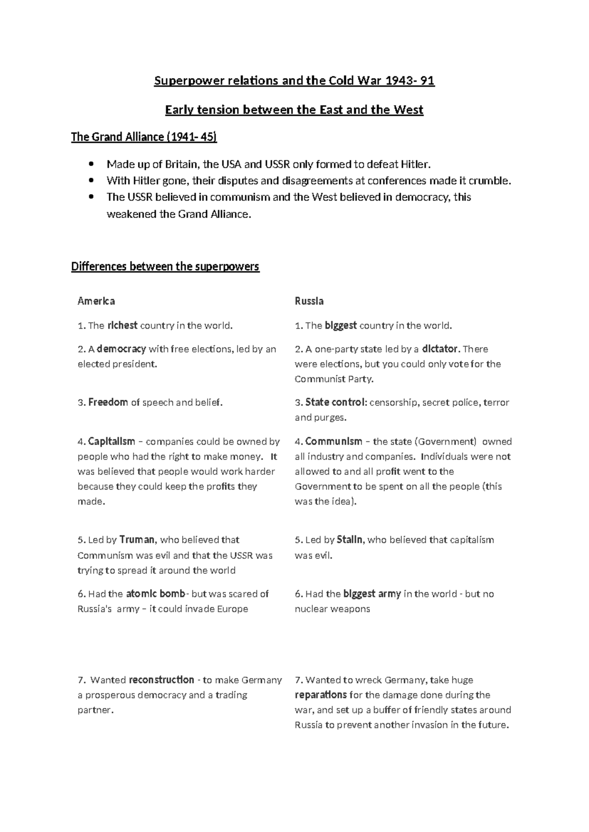 The Cold War revision notes (latest) - Superpower relations and the ...