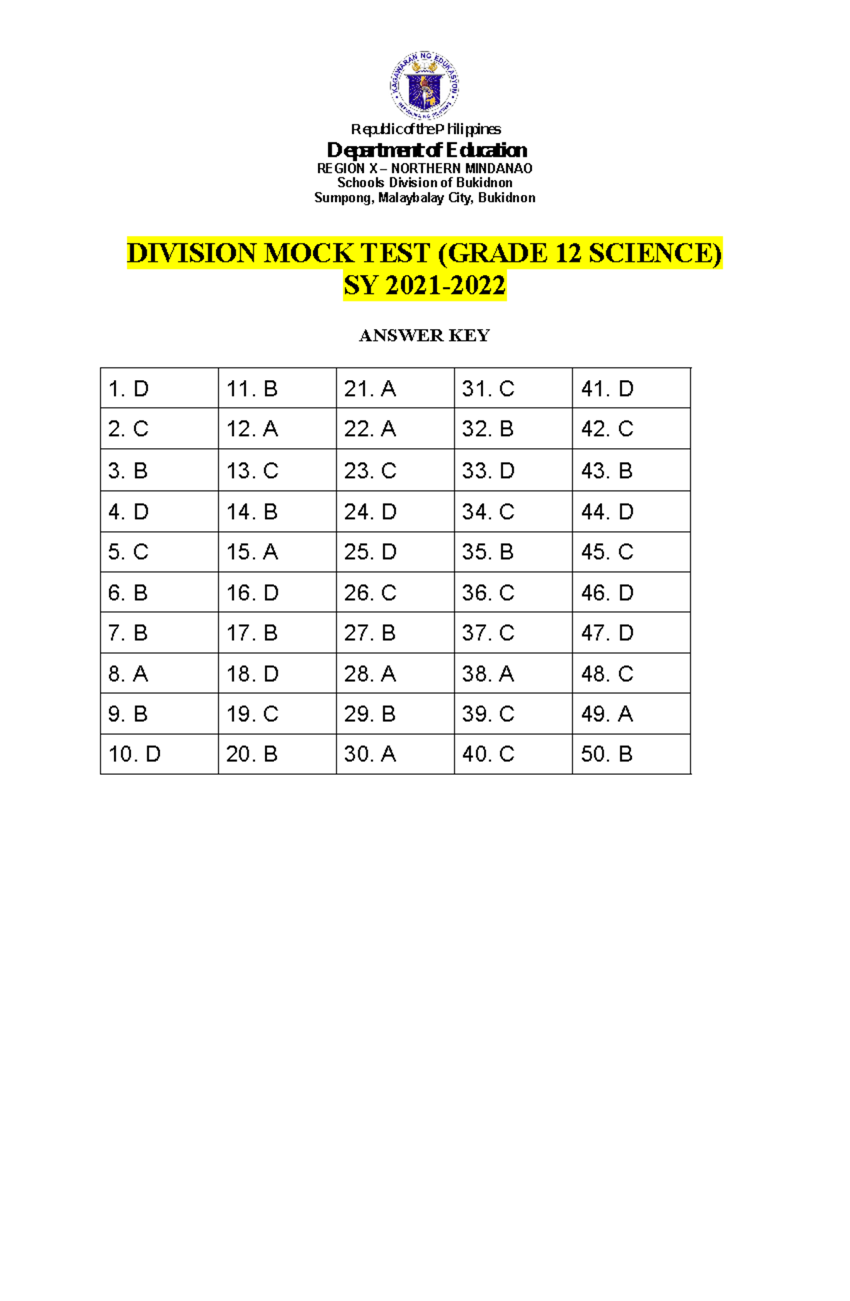 Answer KEY Science 12 - Republicof thePhilippines Department of ...