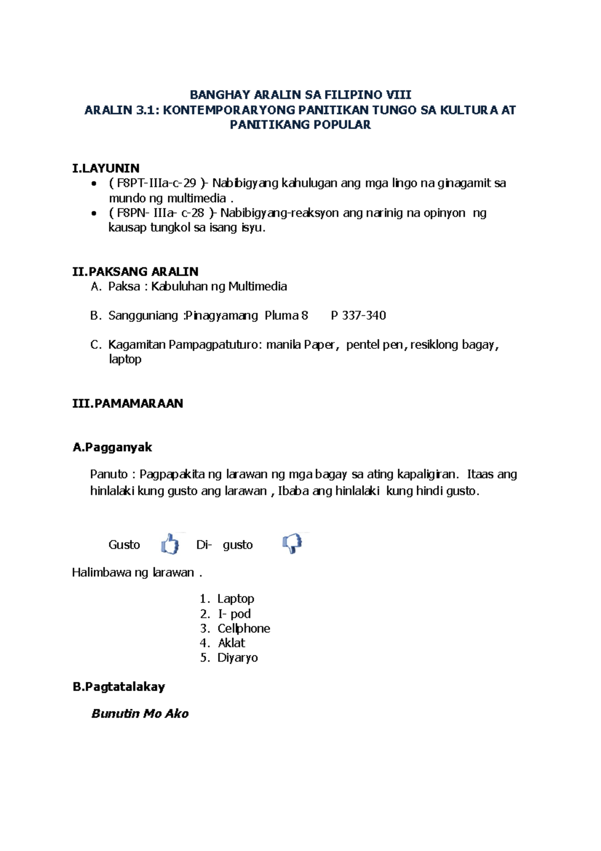 Panitikang Popular - BANGHAY ARALIN SA FILIPINO VIII ARALIN 3 ...