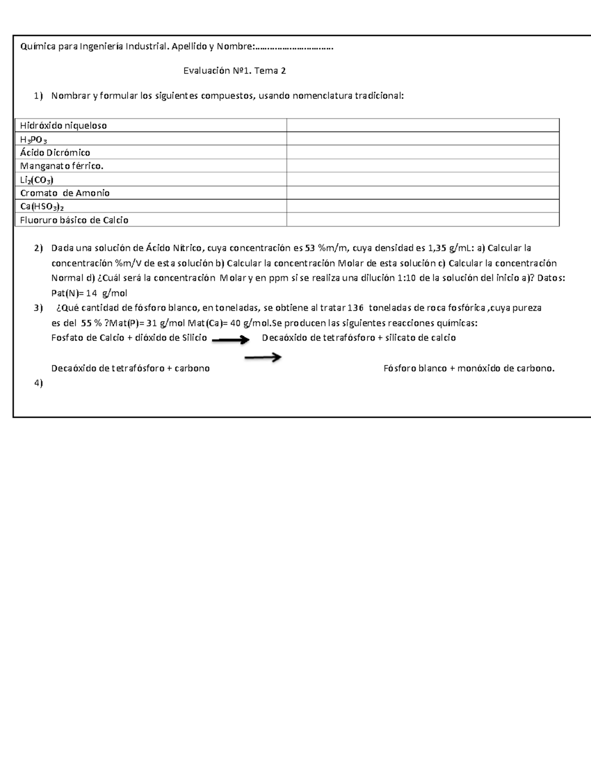 2021-Ev1- tema 2-jueves - QuÌmica para IngenierÌa Industrial. Apellido y - Studocu