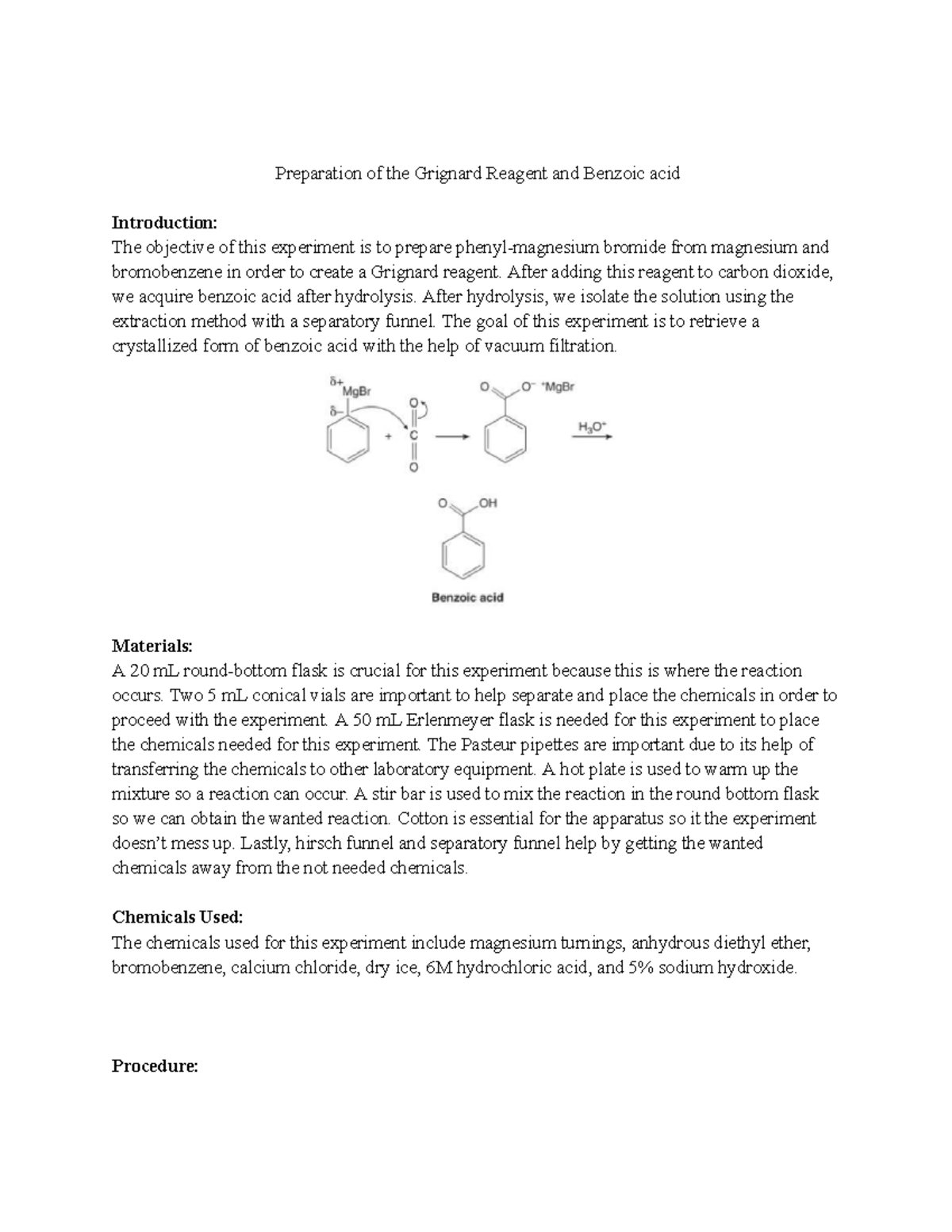 Preparation of the Grignard Reagent and Benzoic acid - Preparation of the Grignard Reagent and ...