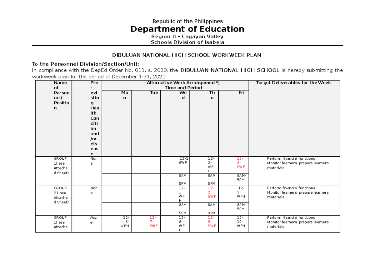 Work Week Plan 12 2021 - Week plan pero hnd naususnod. Behehe lasi ...