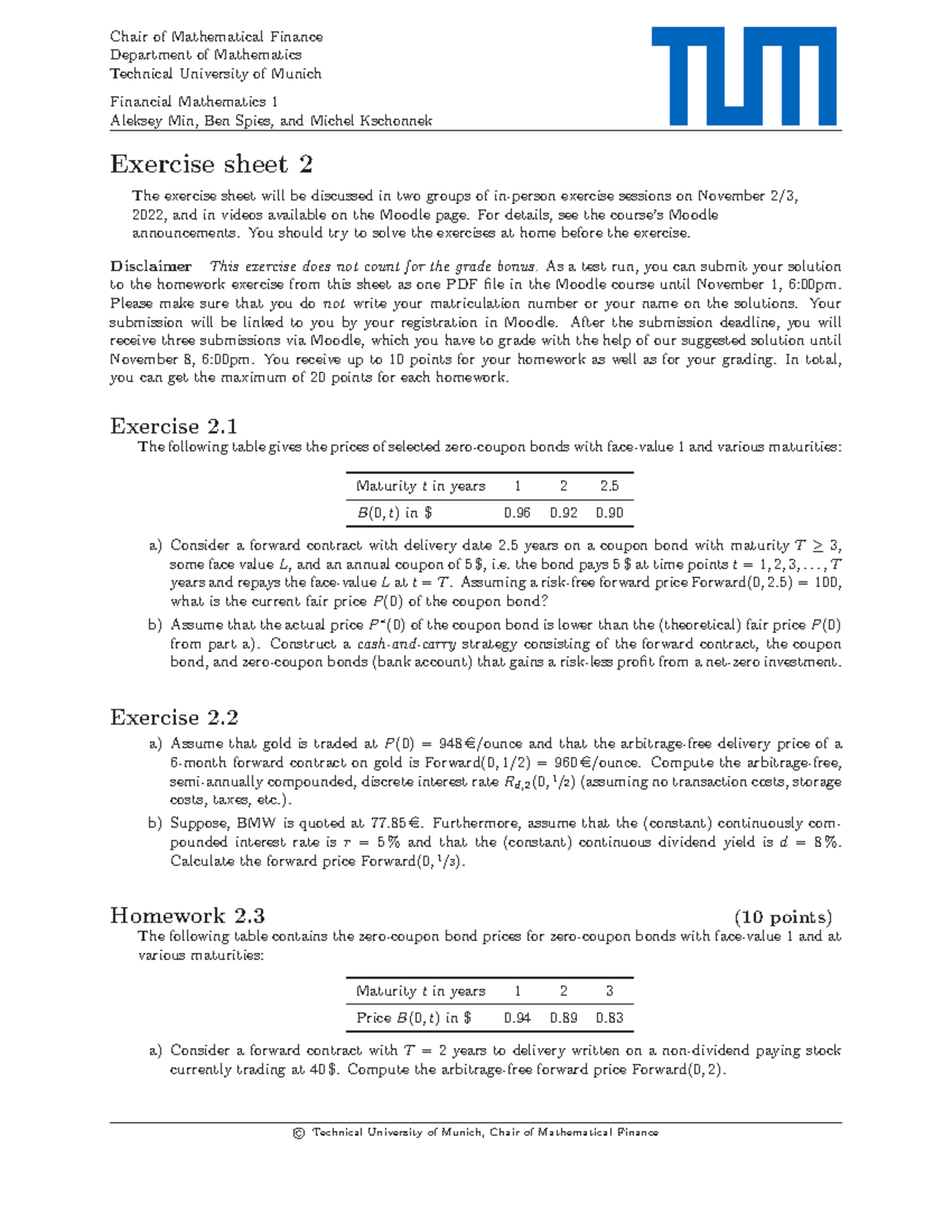 Exercise sheet 2 - Chair of Mathematical Finance Department of ...