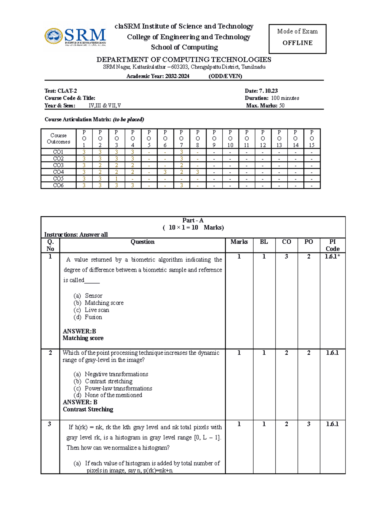 Answer Key - claSRM Institute of Science and Technology College of ...