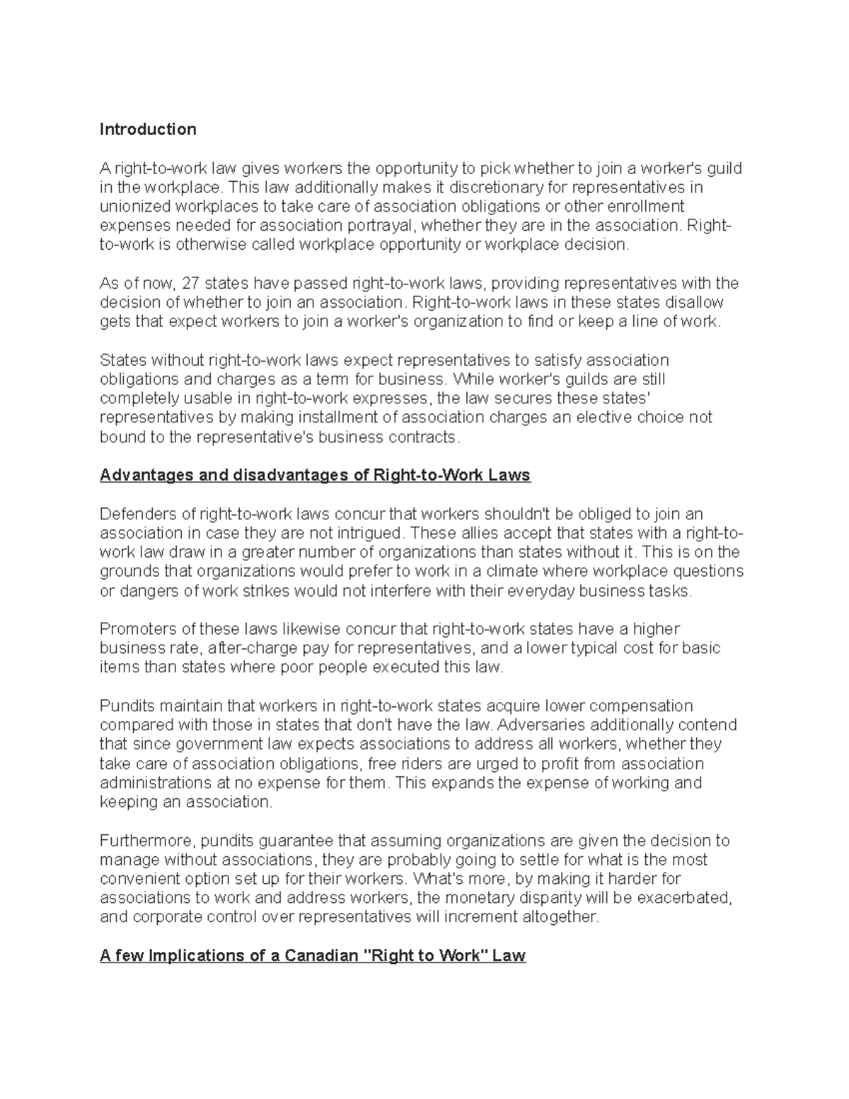 Pushpinder - ..... - Introduction A right-to-work law gives workers the ...