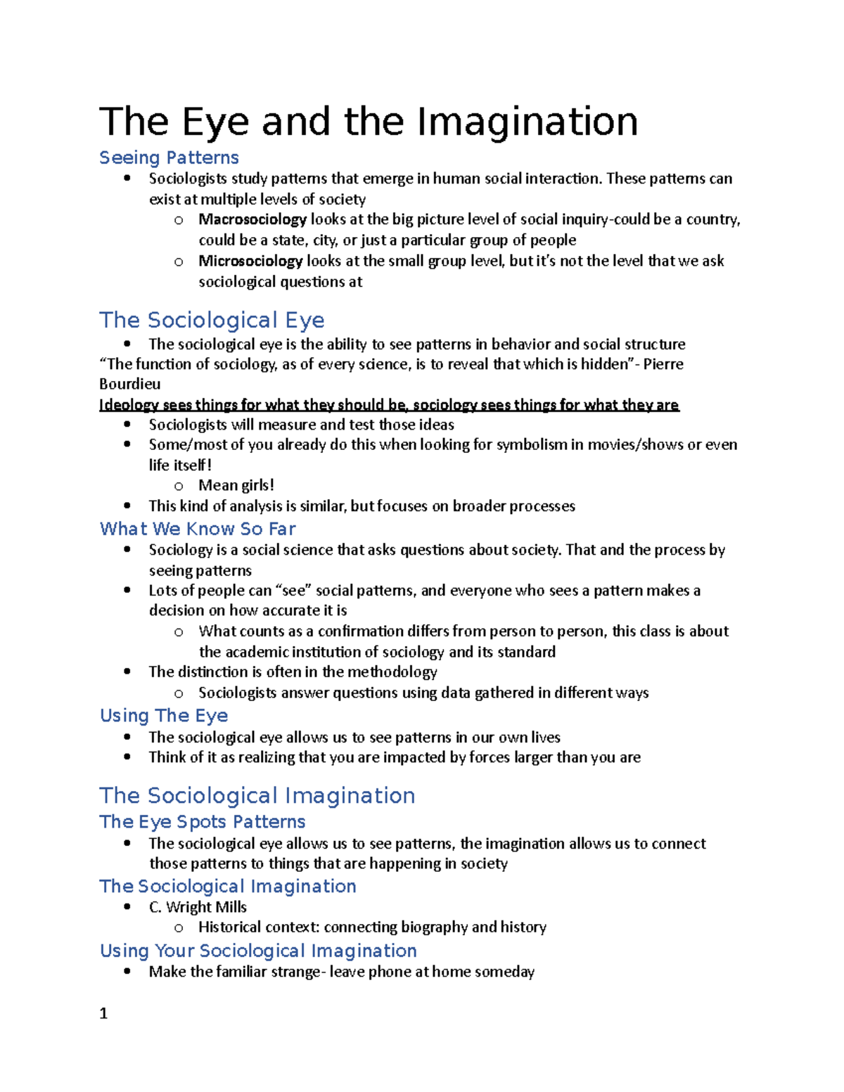 Sociology - The Eye and the Imagination Seeing Patterns Sociologists ...