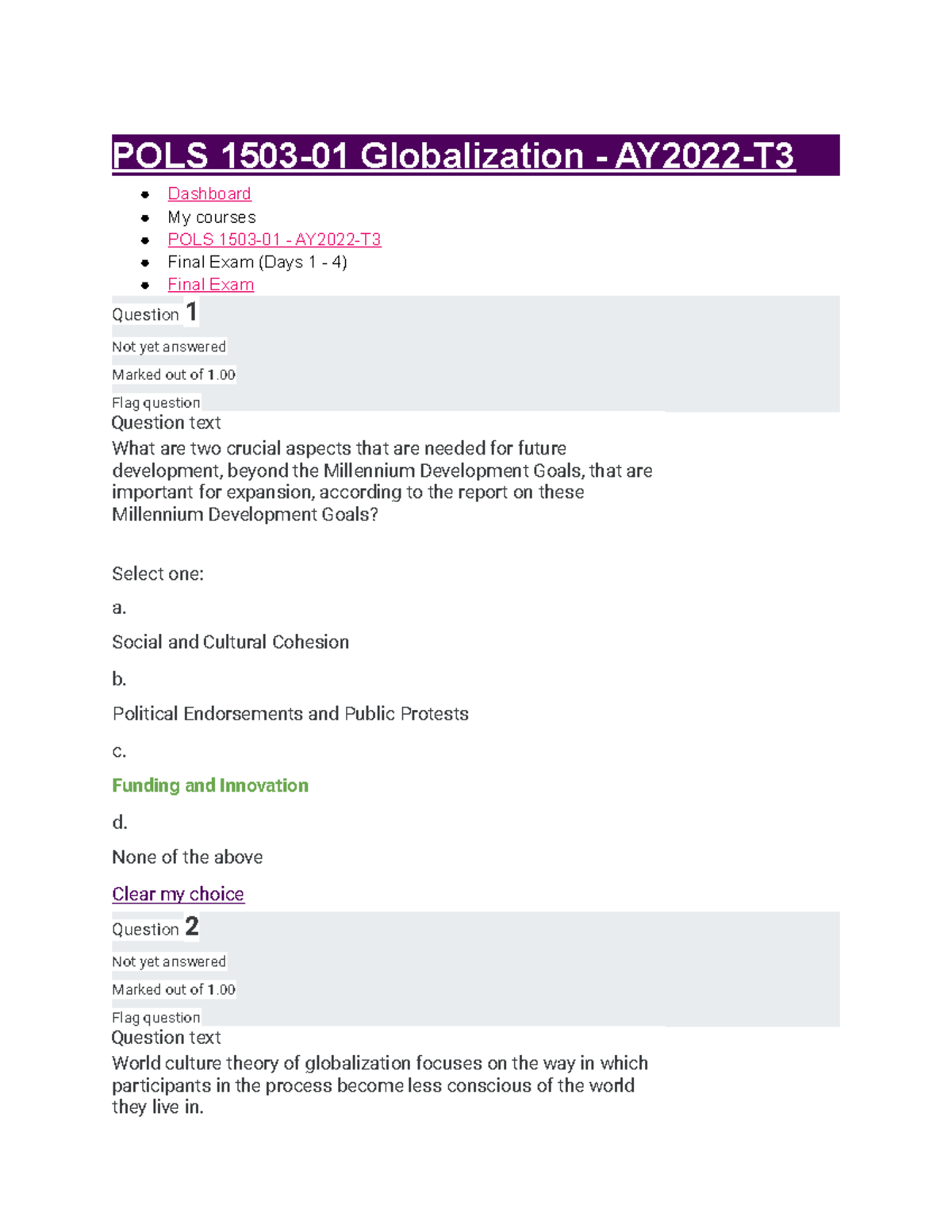 POLS 1503-01 Globalization Final Exam - POLS 1503 - UoPeople - Studocu