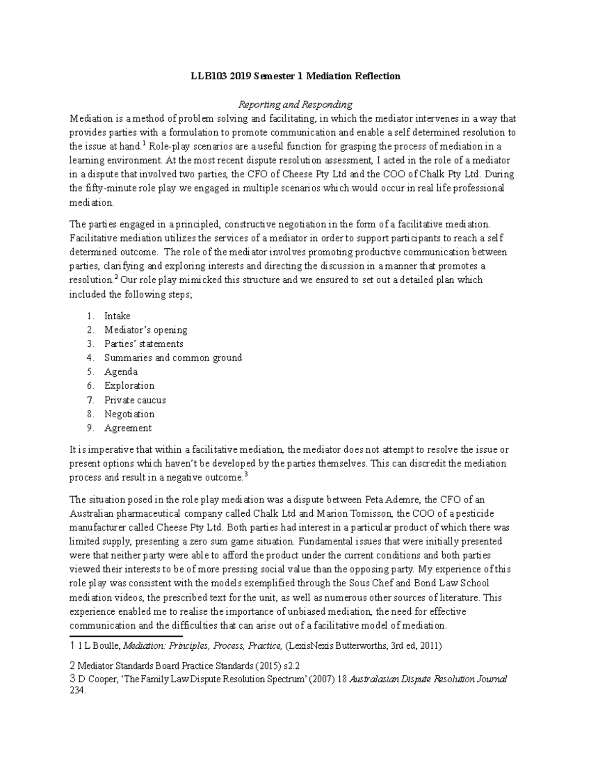LLB103 Mediation Reflection - LLB103 2019 Semester 1 Mediation ...