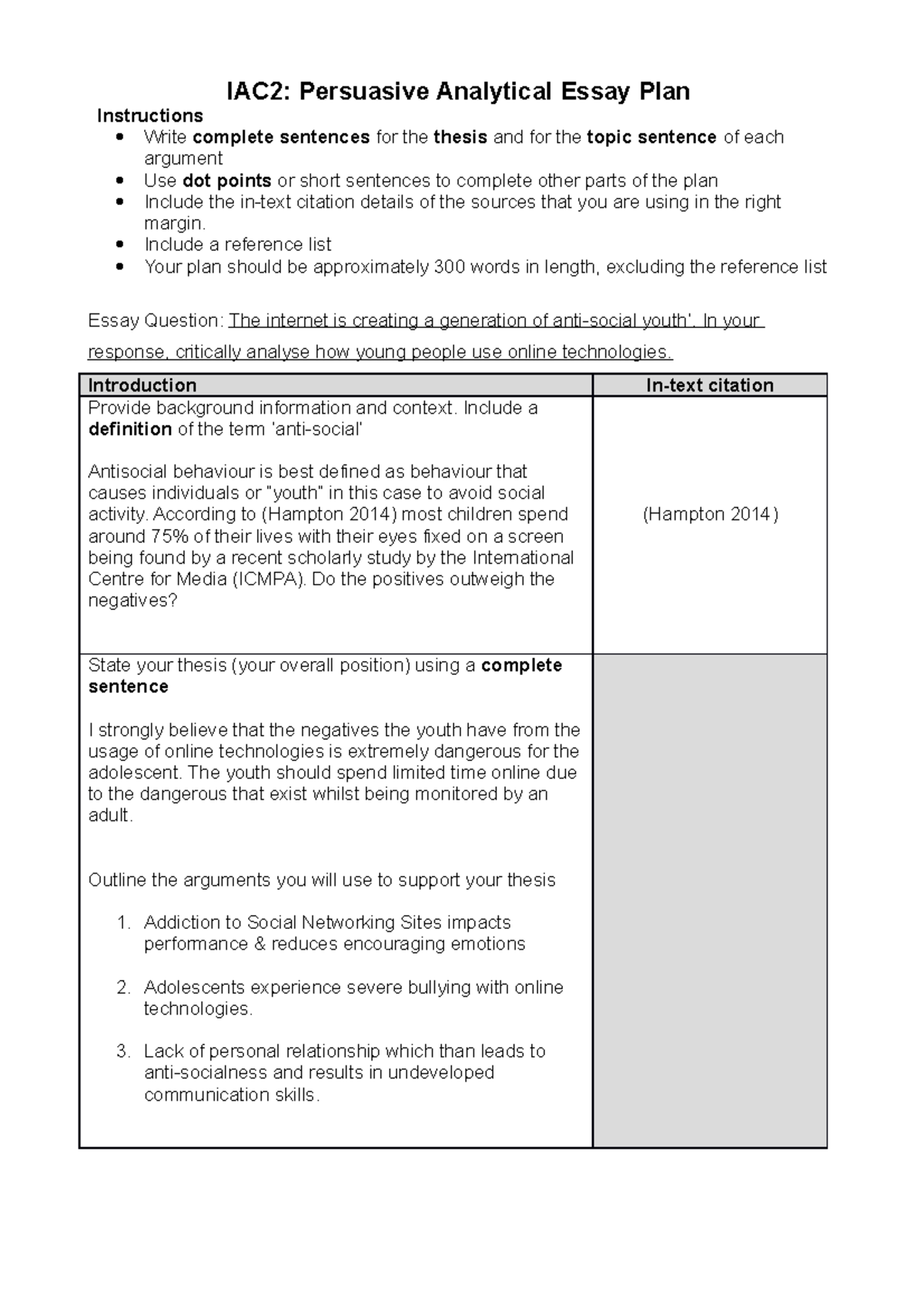 IAC2 2020.1 Essay Plan Template - IAC2: Persuasive Analytical Essay ...