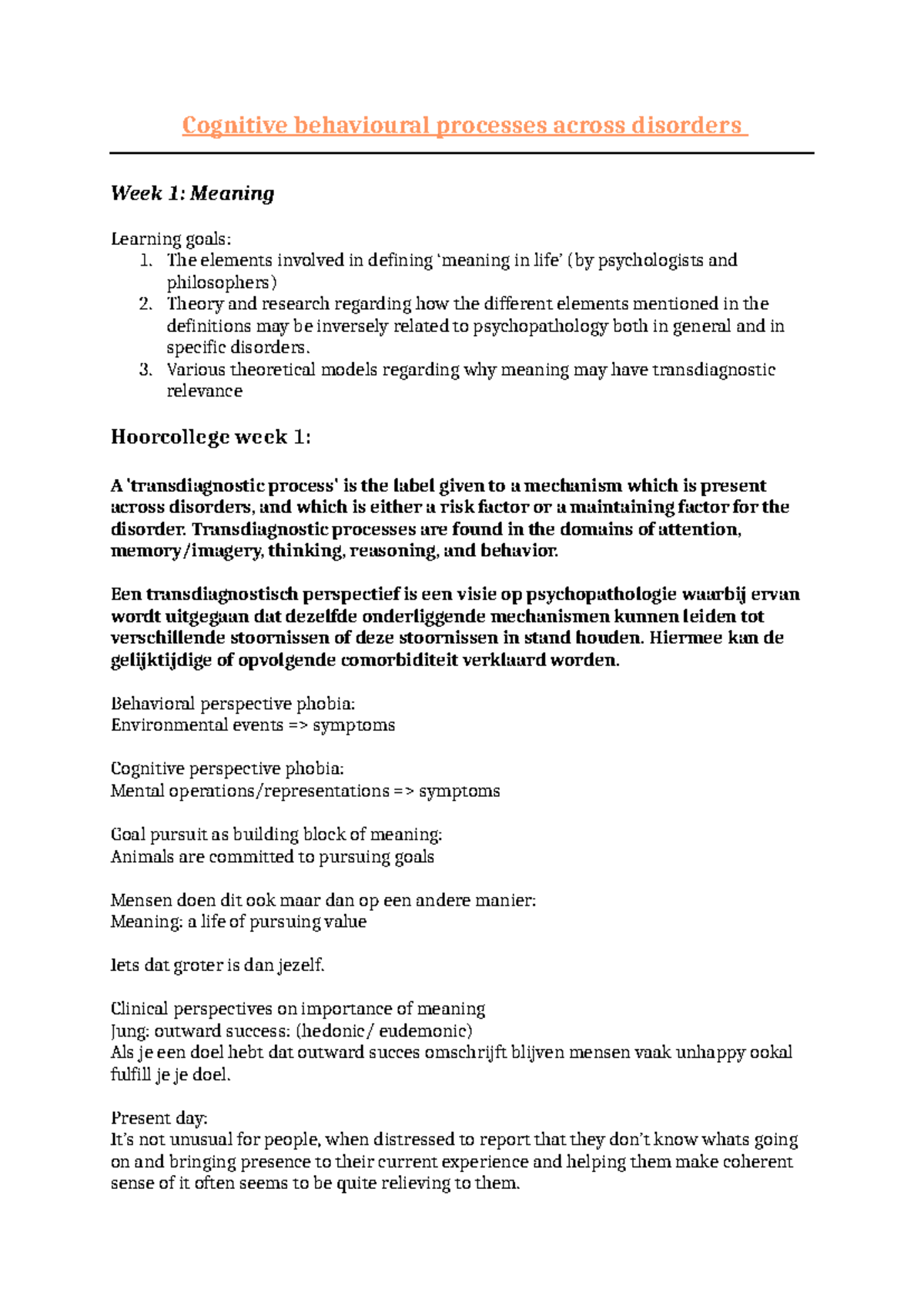 Cognitive behavioural processes across disorders hoorcollege aantekeneningen - Cognitive ...