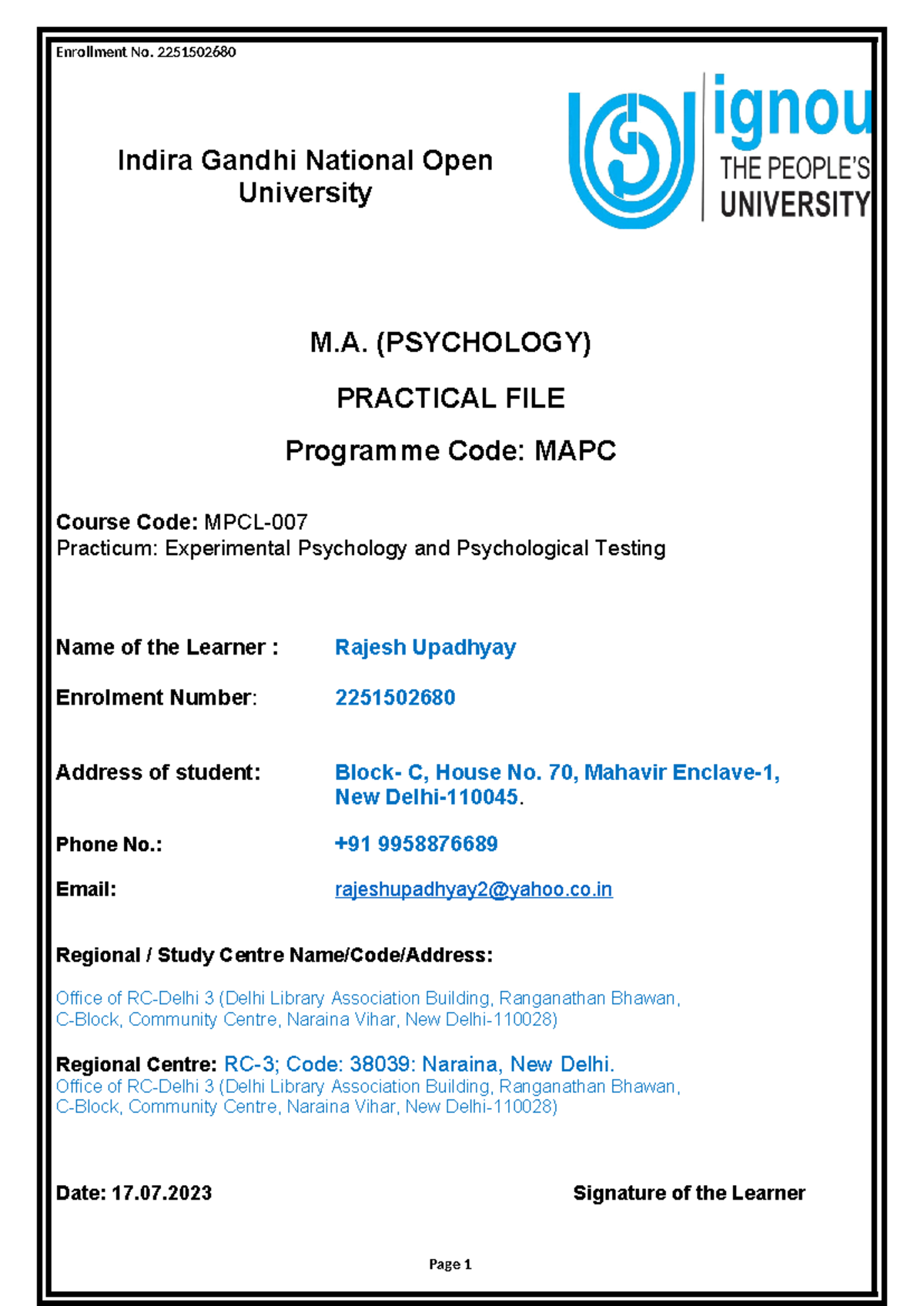 Practical-5, 16PF, by RU - Indira Gandhi National Open University M ...