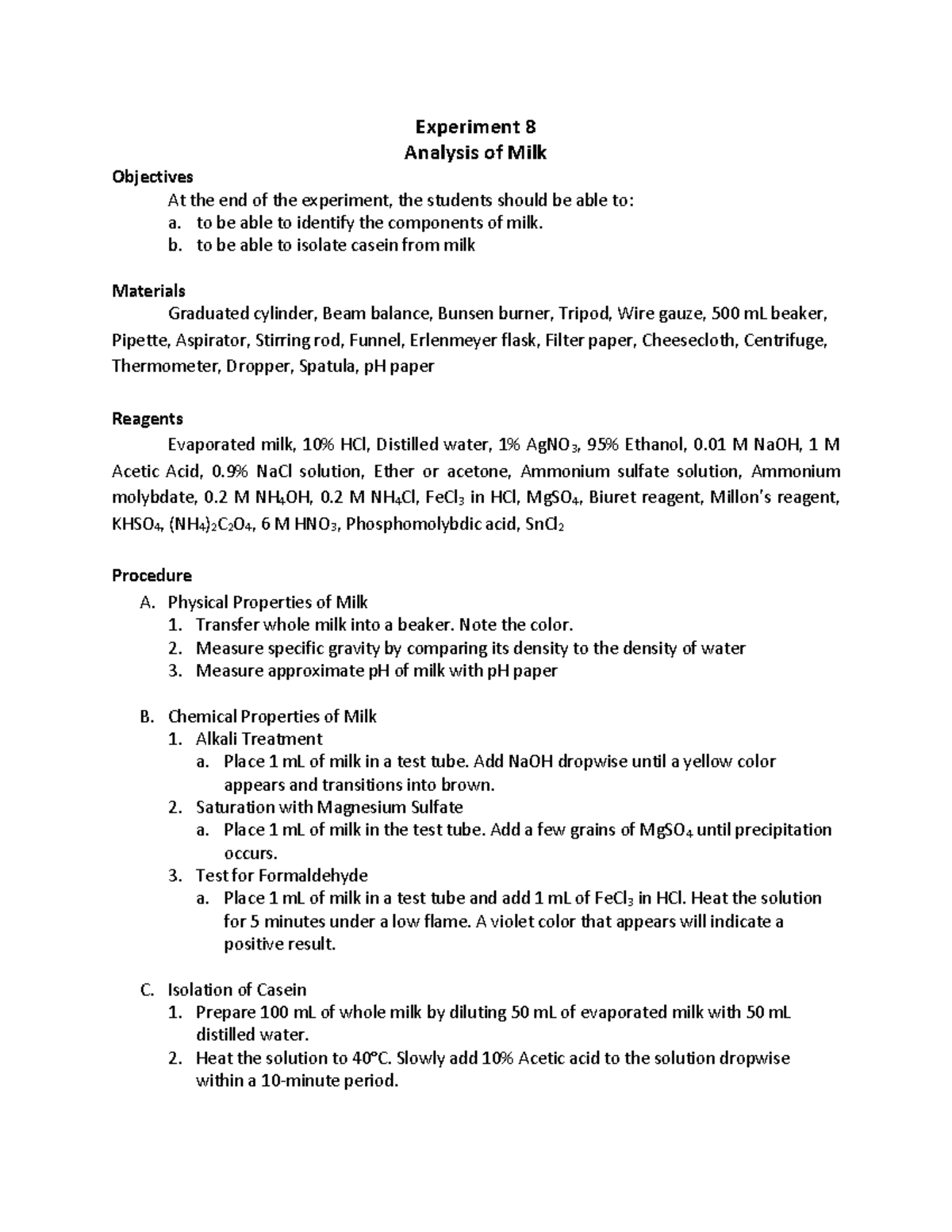 Experiment 08 - Analysis of Milk - Experiment 8 Analysis of Milk ...