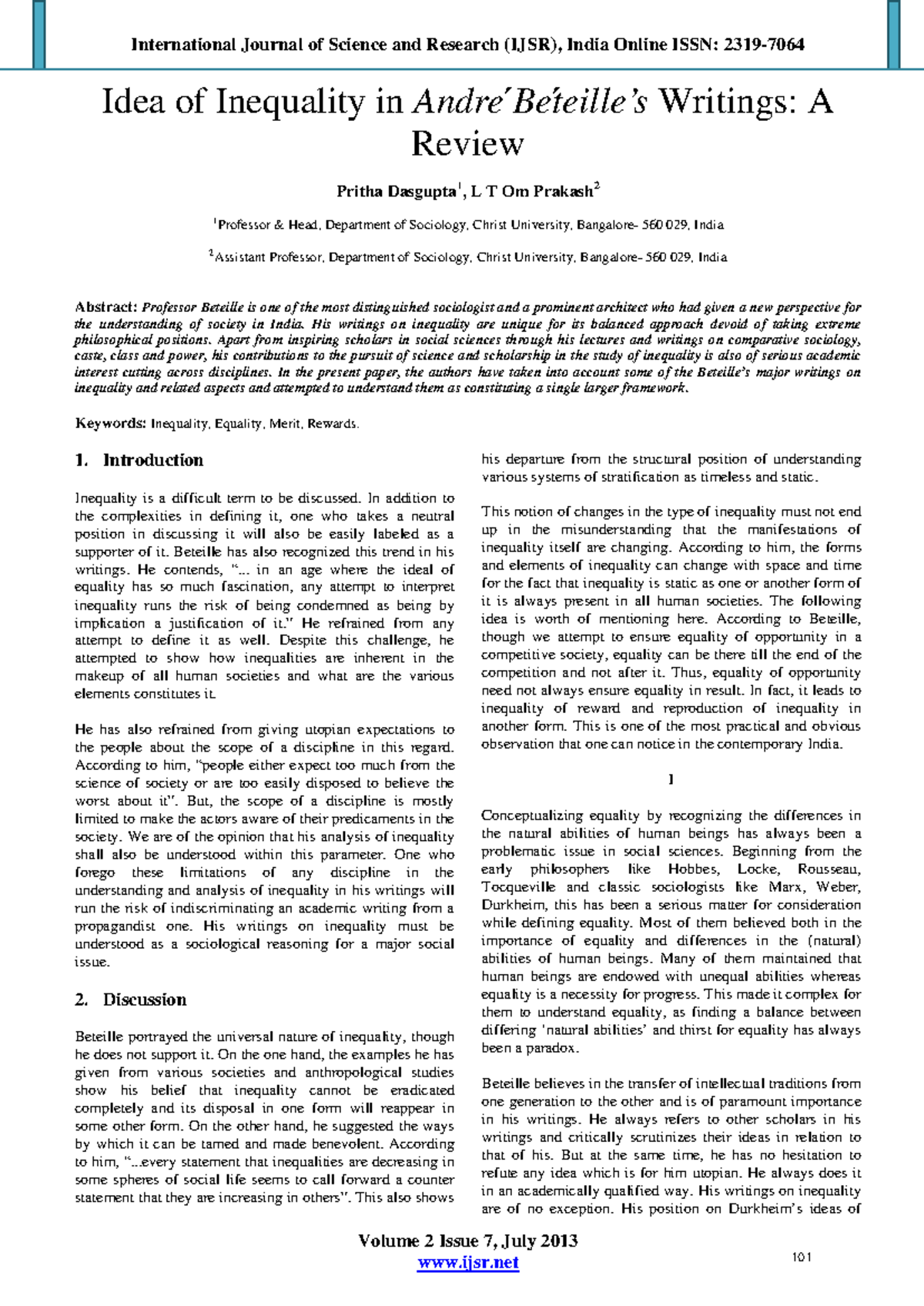 MDIw MTMx MTA= - Social stratified - Volume 2 Issue 7, July 2013 Idea of Inequality in André Bé ...