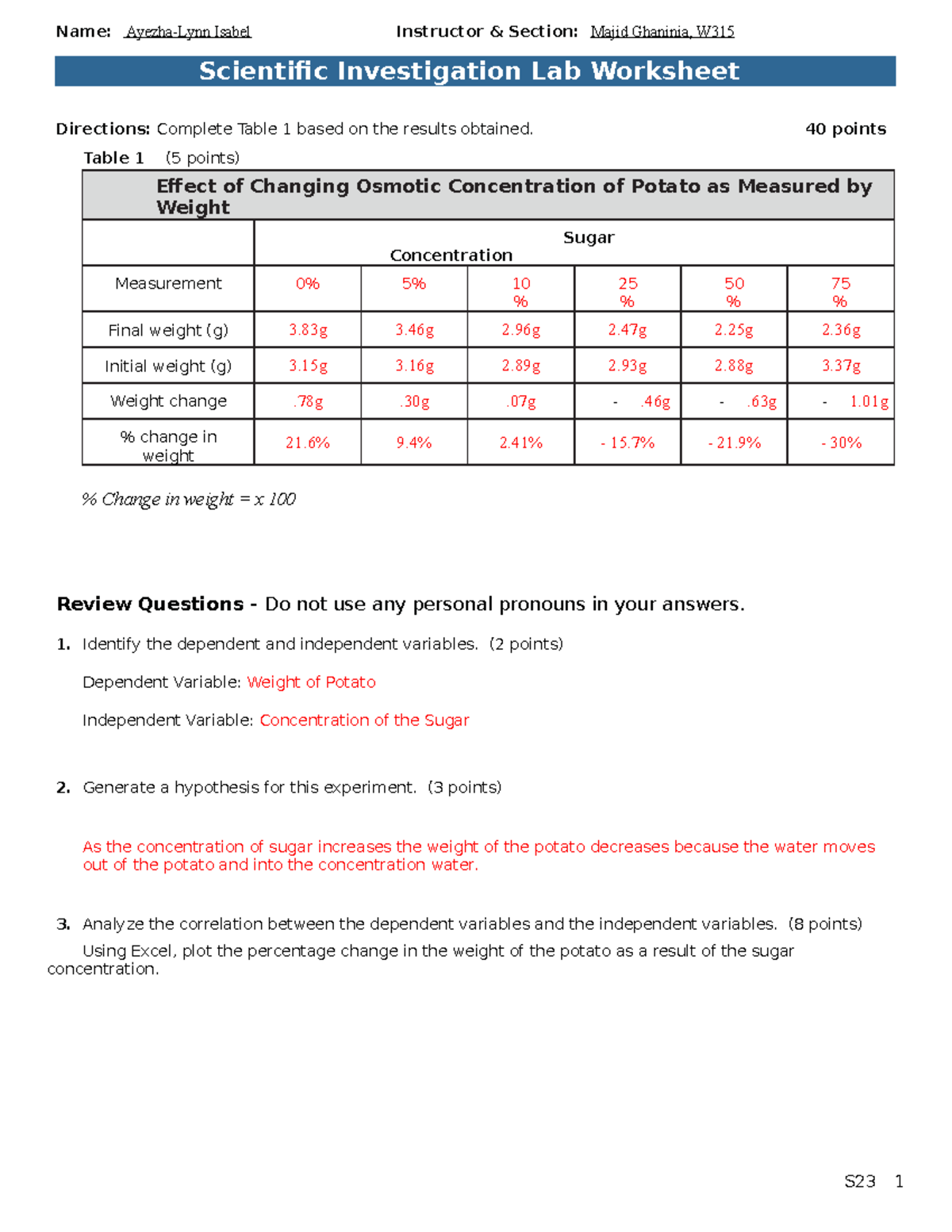 Scientific Lab Investigation - Directions: Complete Table 1 based on ...