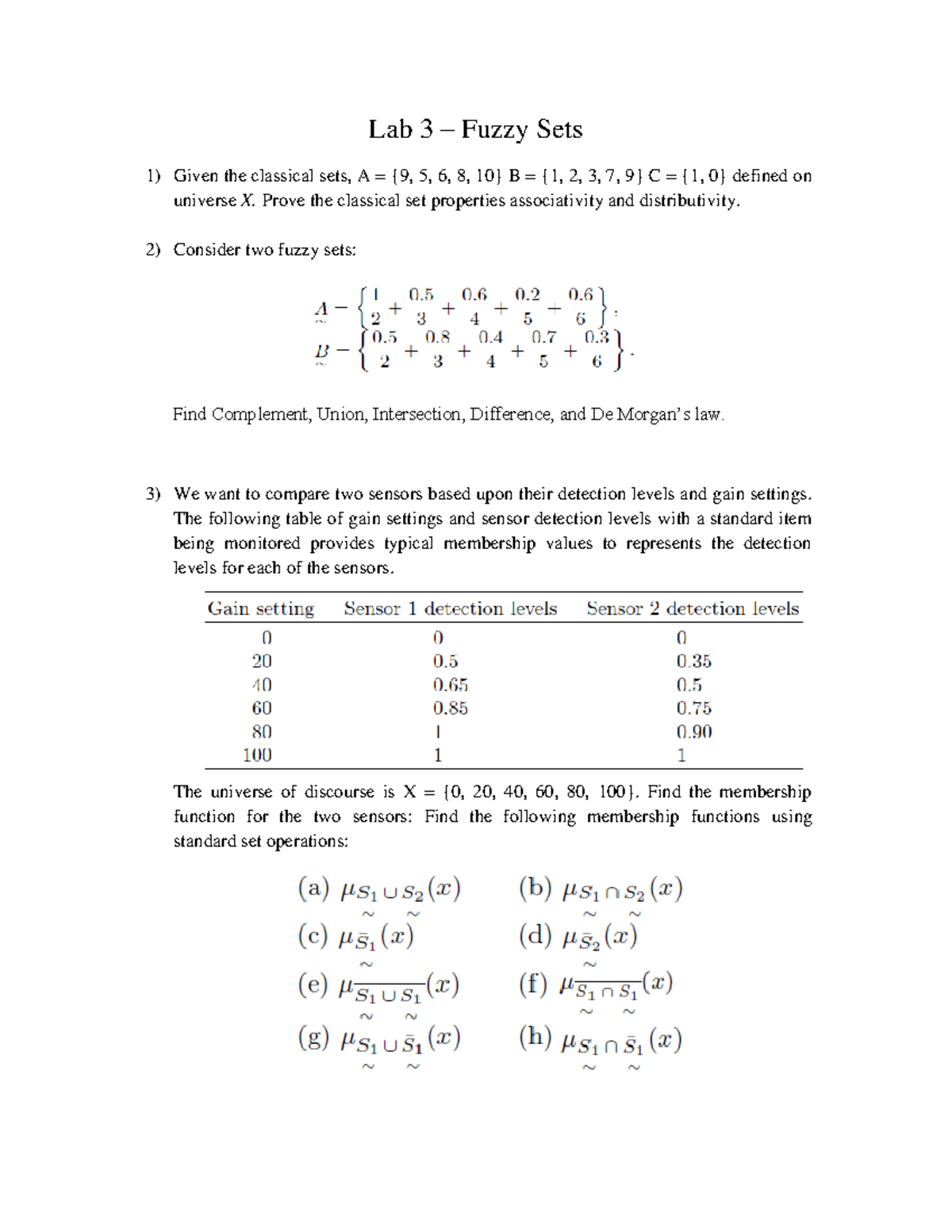 218606 Lab 3 – Fuzzy Sets - Lab 3 Fuzzy Sets 1) Given the classical ...