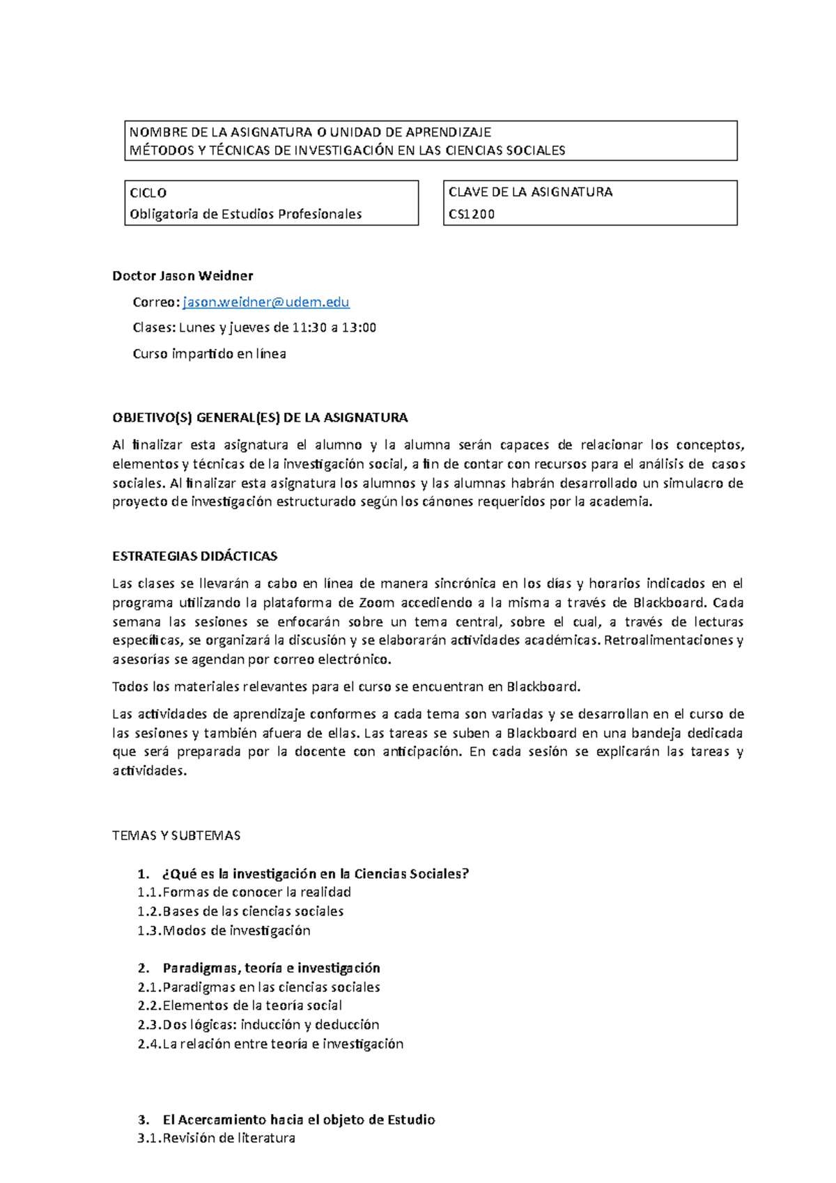 Syllabus métodos y técnicas de investigación - Doctor Jason Weidner ...