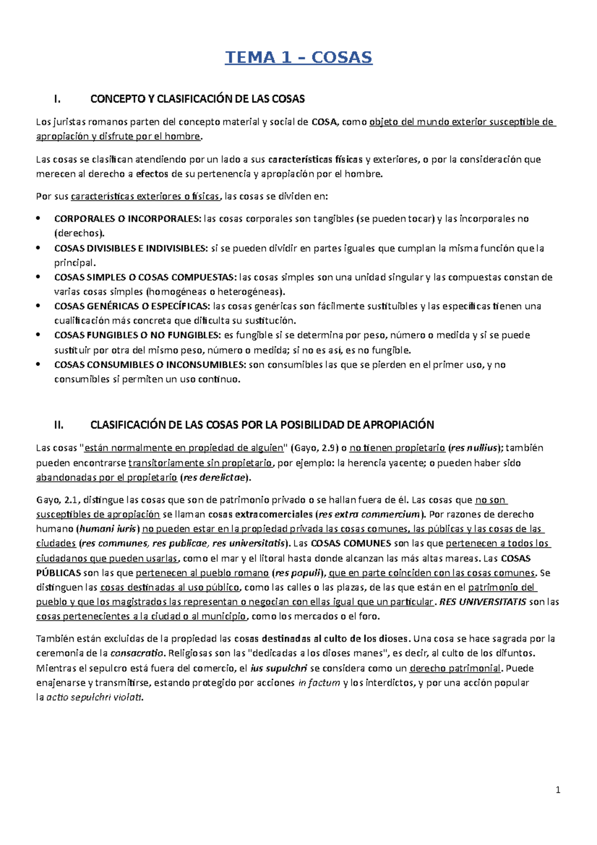 TEMA 1 - Cosas - Derecho Romano - TEMA 1 – COSAS I. CONCEPTO Y ...