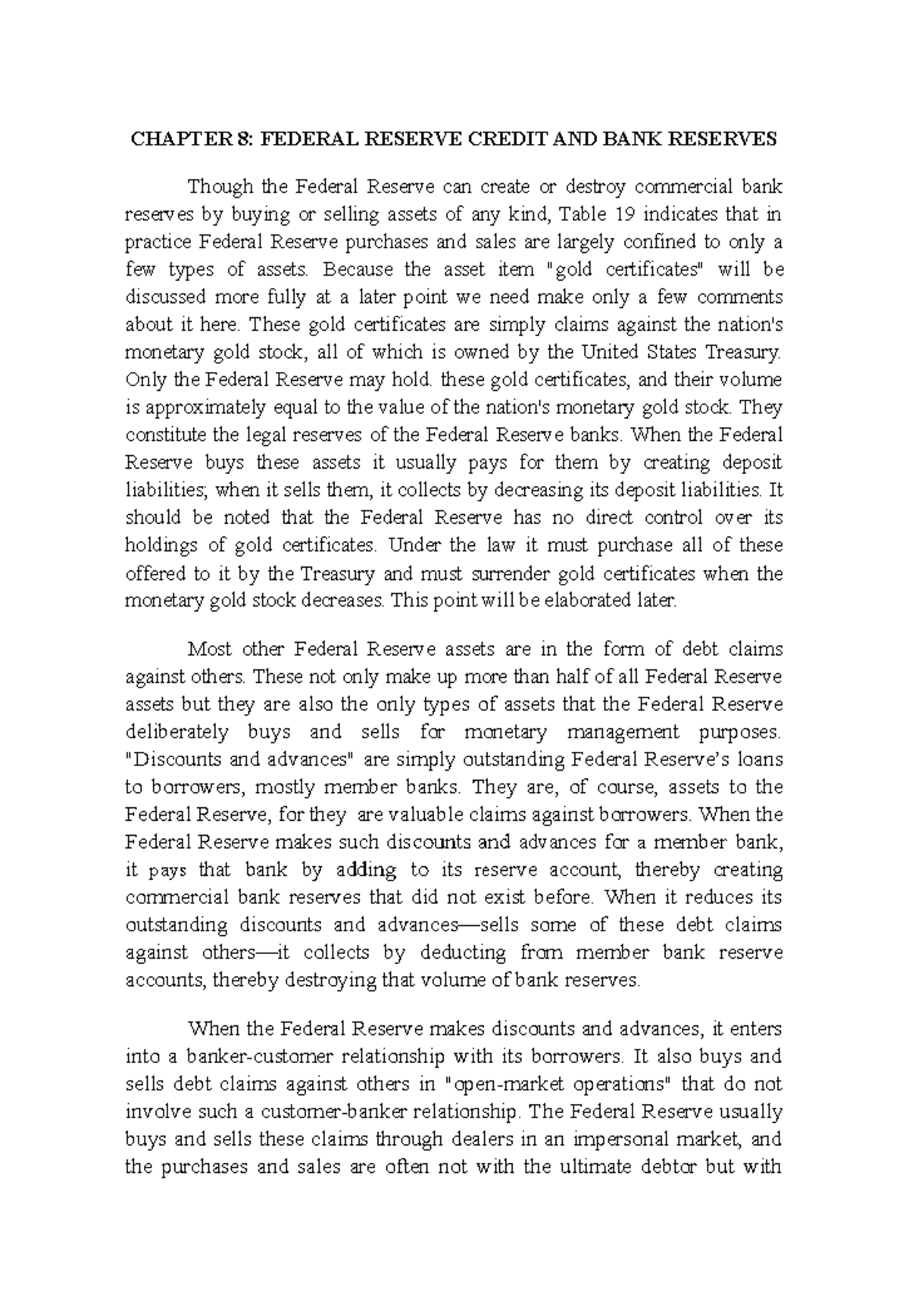 CHAPTER 8 FEDERAL RESERVE CREDIT AND BANK RESERVE: Federal Reserve ...