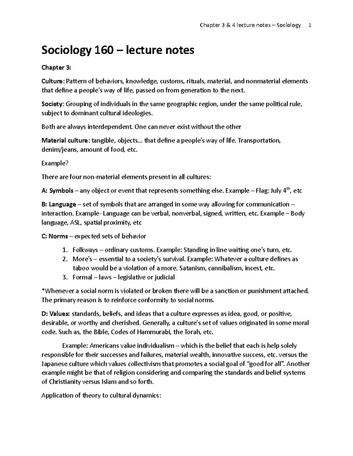 Sociology 160 - lecture notes ch 3 and 4 - Sociology 160 – lecture ...