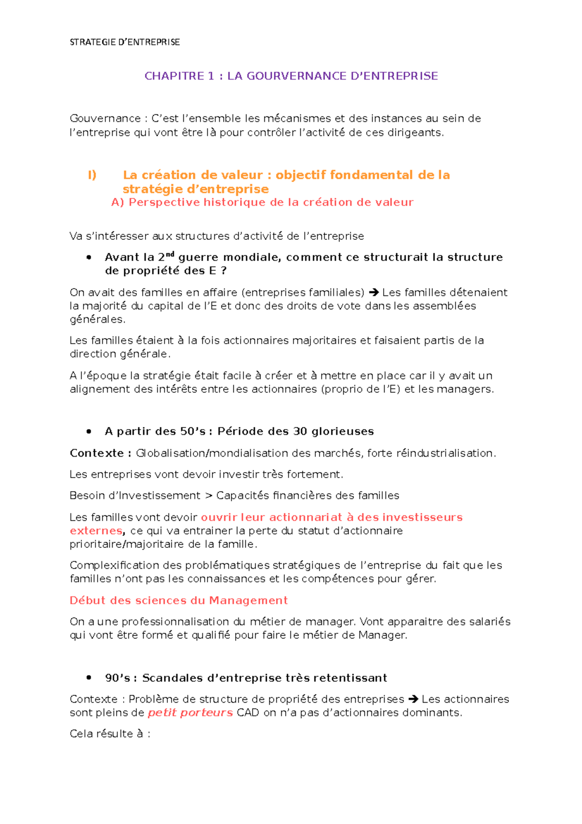 Chapitre 1-2 - cours management - CHAPITRE 1 : LA GOURVERNANCE D’ENTREPRISE Gouvernance : C’est ...