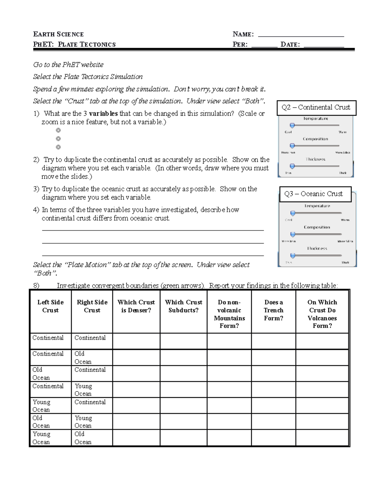 Ph ET Plate Tectonics - 2013 - EARTH SCIENCE NAME: PHET: PLATE ...