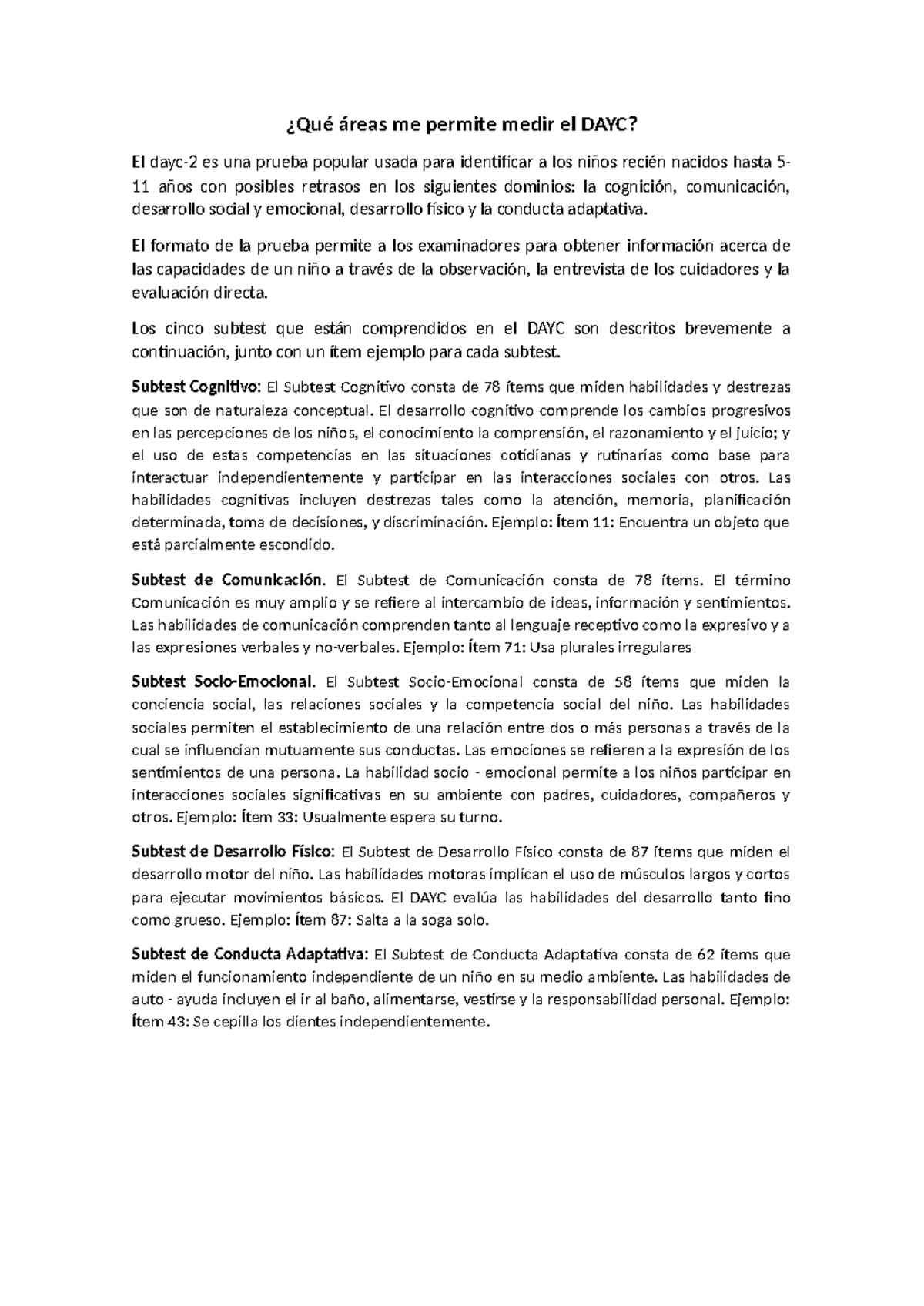 Qué áreas me permite medir el DAYC - PD - ¿Qué áreas me permite medir ...