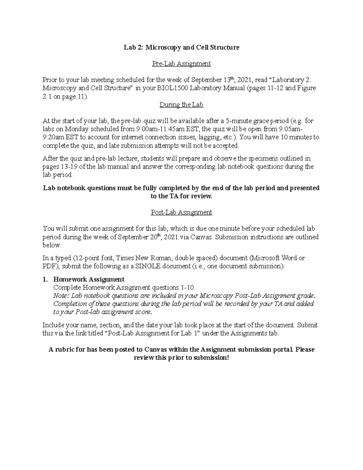 Microscopy Lab Agenda - Lab 2: Microscopy and Cell Structure Pre-Lab ...