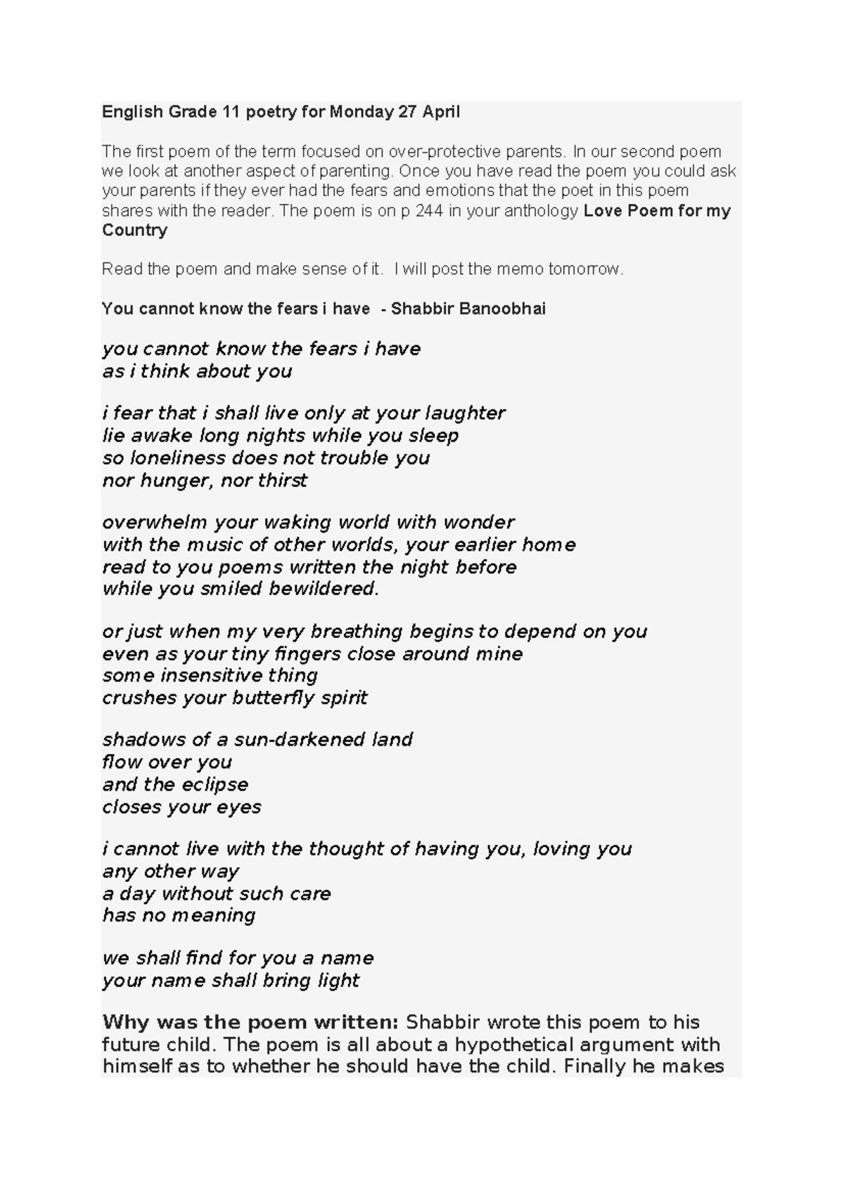 English Grade 11 poetry for Monday 27 April - English Grade 11 poetry ...