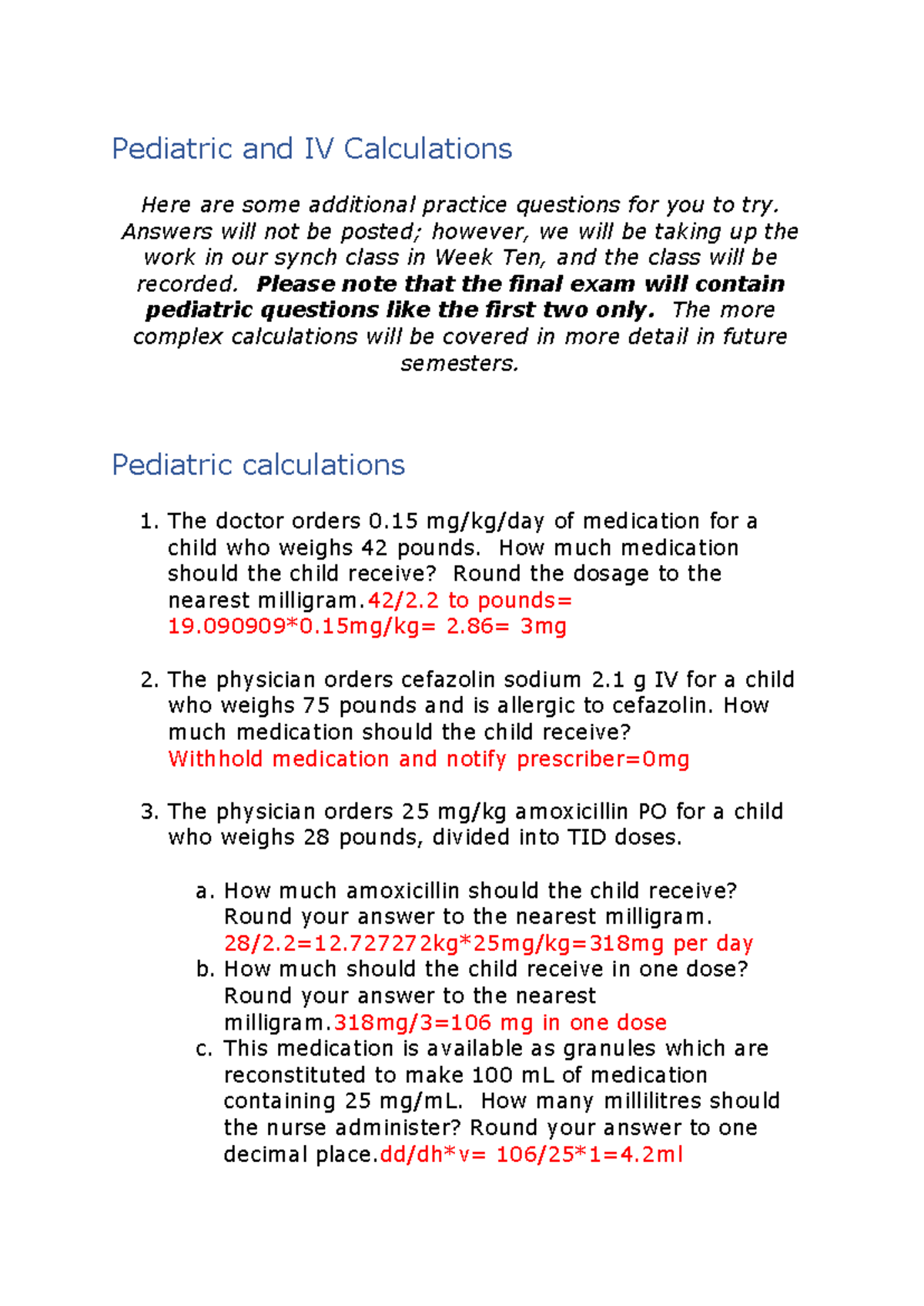 Practice Pediatric and IV calculations - Pediatric and IV Calculations ...