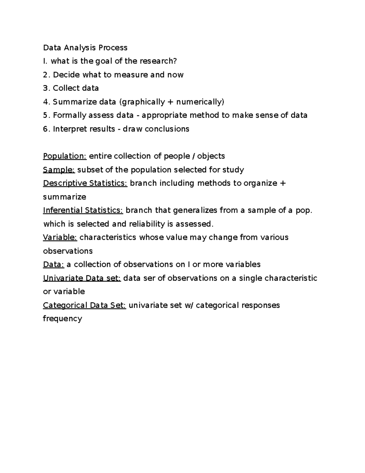 Chapter 1 - Class notes - Data Analysis Process I. what is the goal of ...