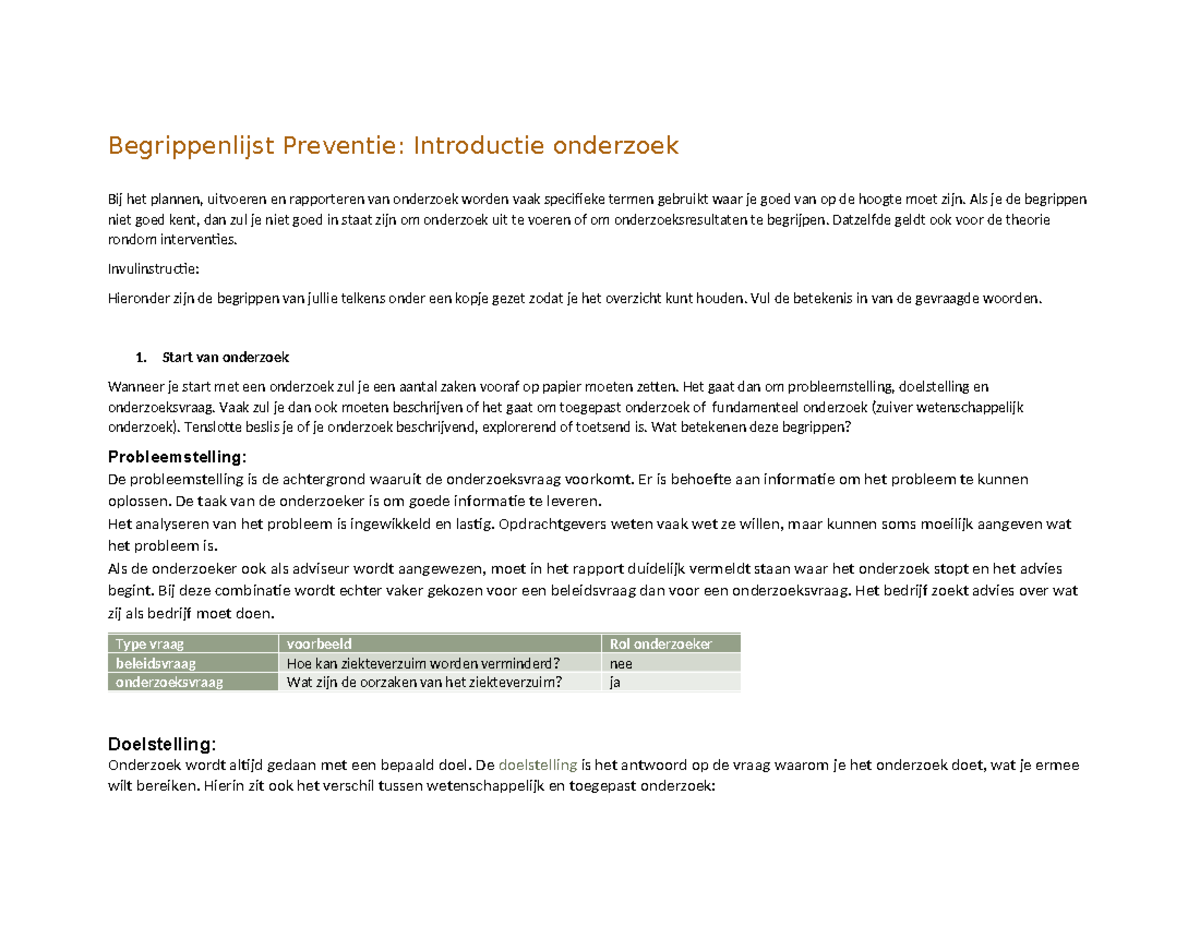 Opdrachten week 2 - Begrippenlijst Preventie: Introductie onderzoek Bij ...