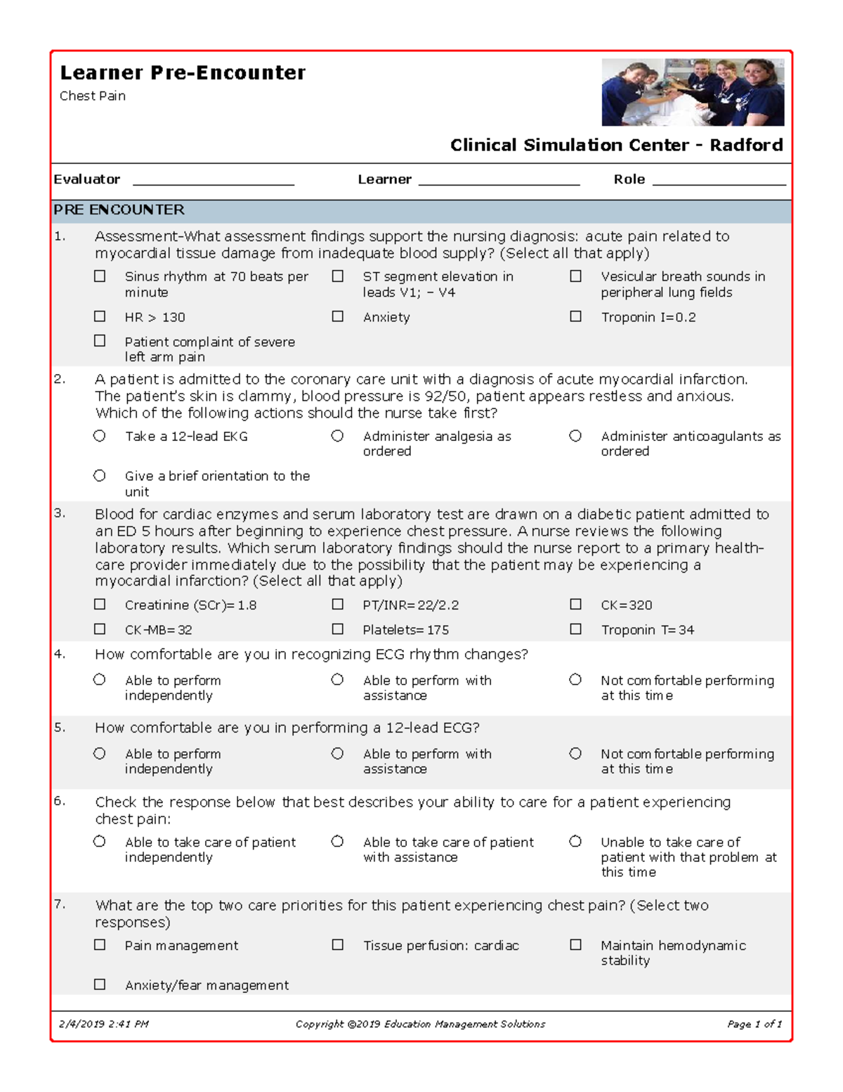 Chest Pain preencounter 2019 - Evaluator Learner Role PRE ENCOUNTER 1. Assessment-What ...