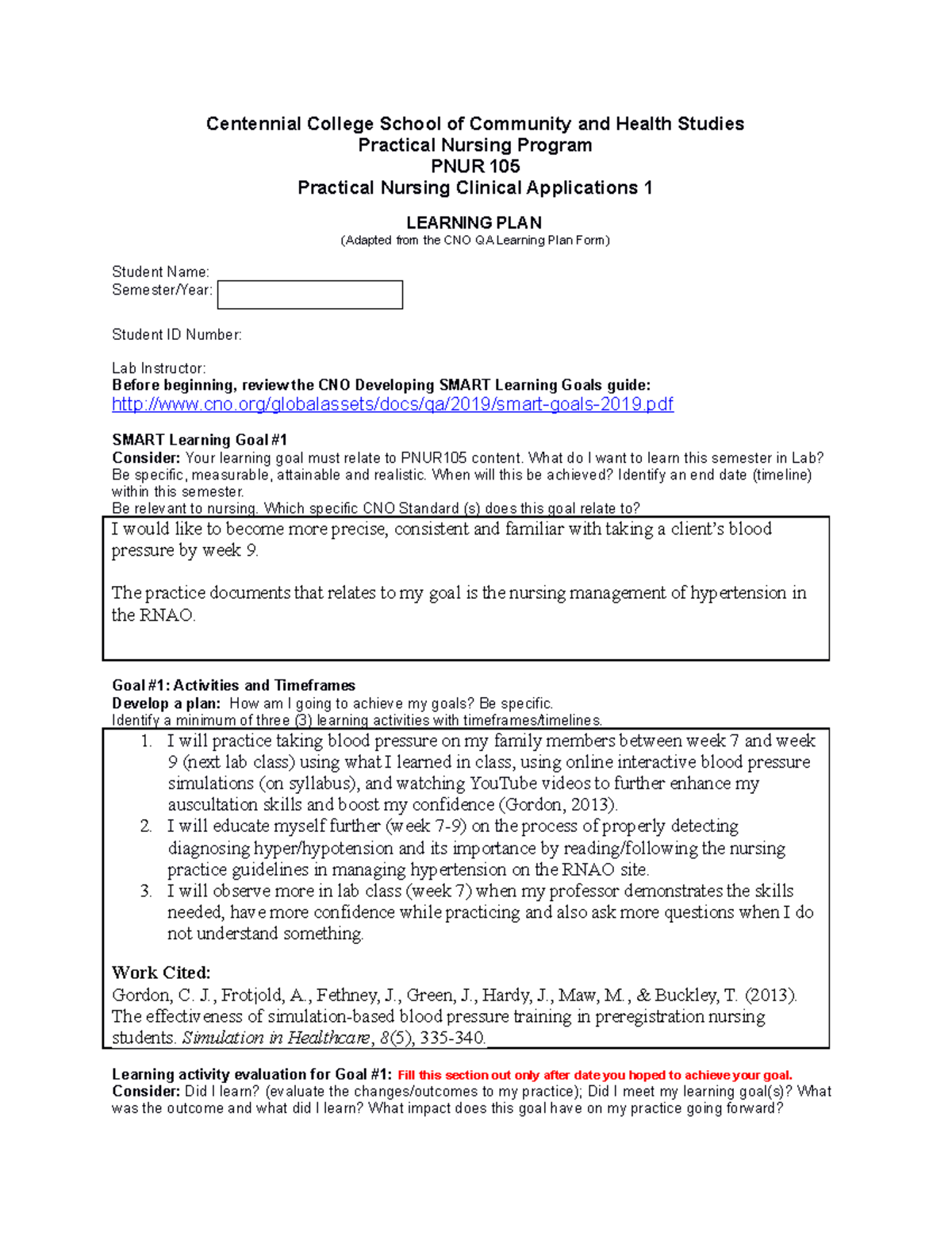 Learning Plan Midterm Centennial College School Of Community And