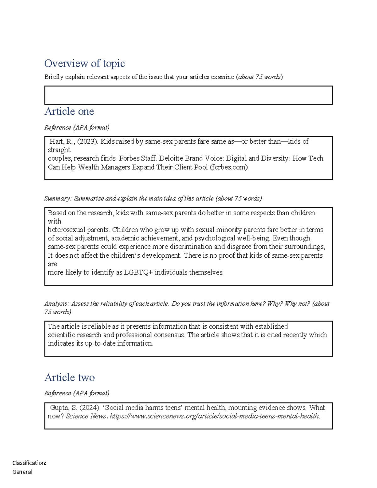 Document 12 - Article comparison task - Classification: General ...