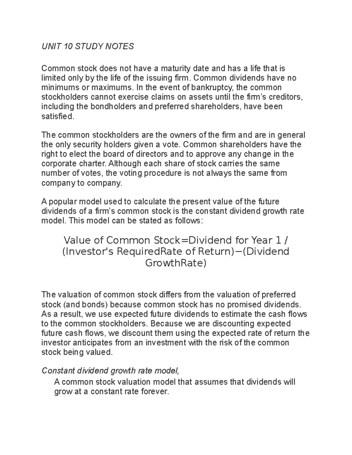 MT217 Unit 10 Study notes - UNIT 10 STUDY NOTES Common stock does not ...