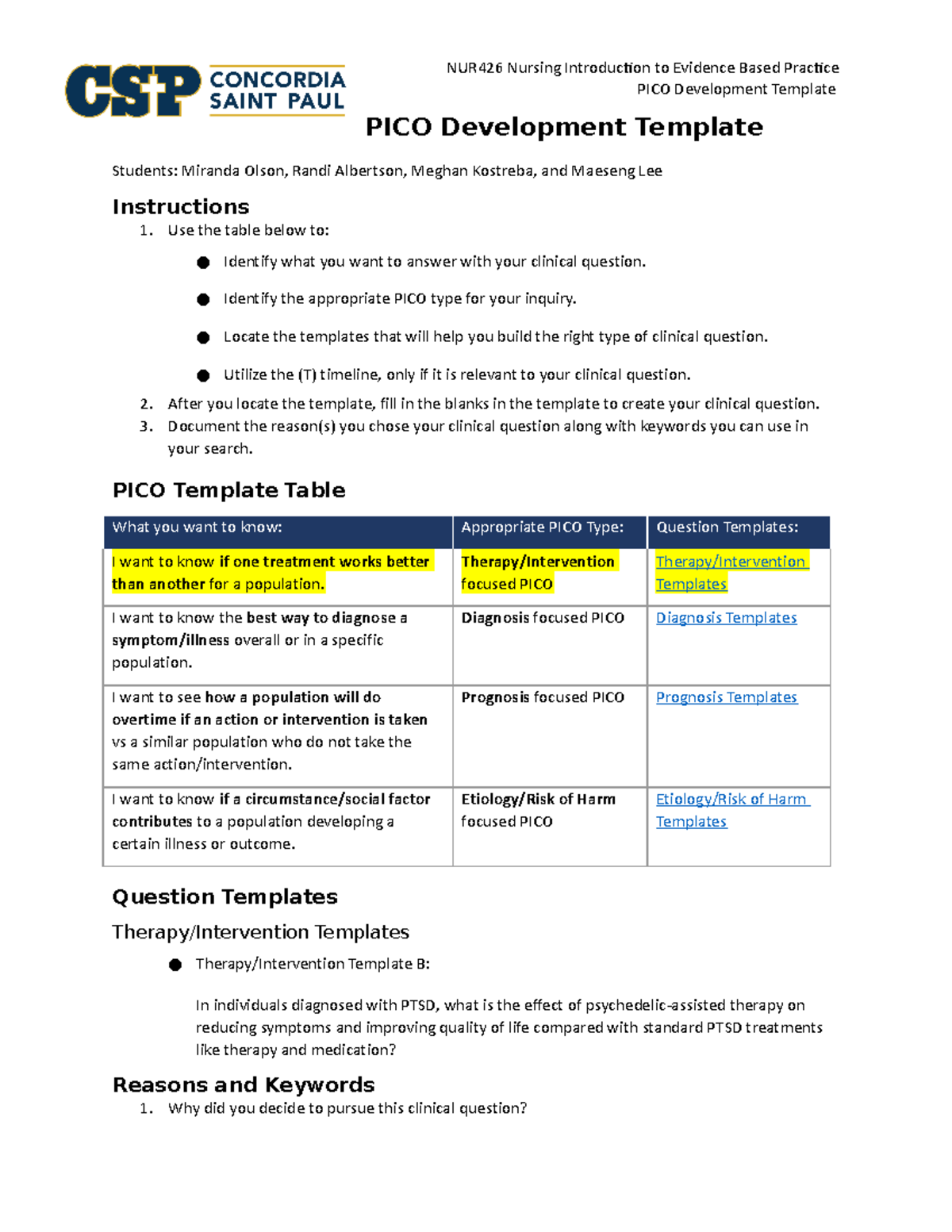 NUR426 PICO Development Template - NUR426 Nursing Introduction to ...