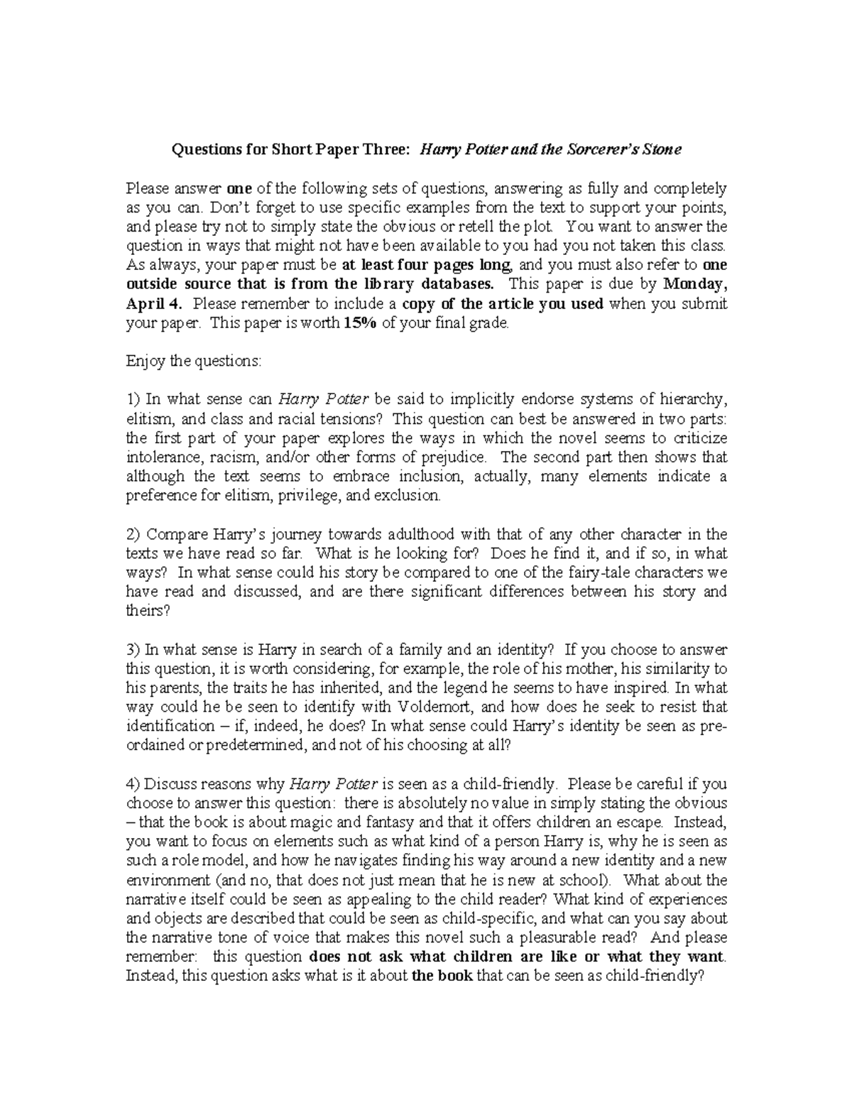 Paper 3 - essay 3 - Questions for Short Paper Three: Harry Potter and ...