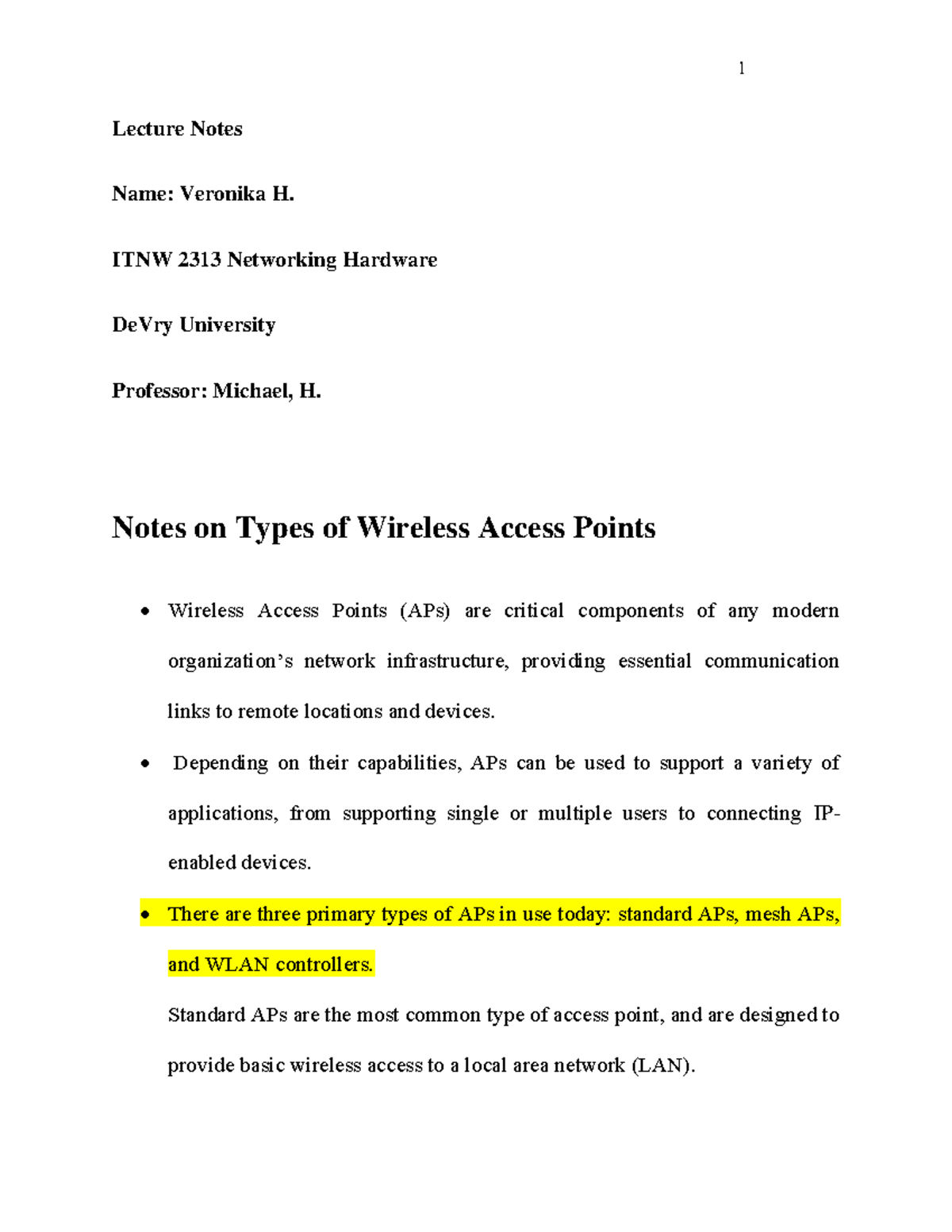 Notes on Types of Wireless Access Points - Lecture Notes Name: Veronika ...