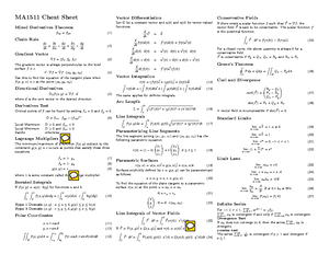 Math cheat sheet - Summary Engineering Calculus - Ch1- Partial Derivatives Basic Vector ...