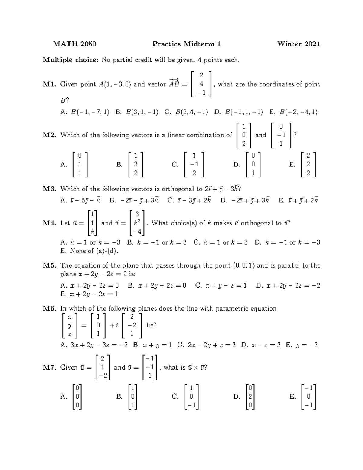 Practice Test1 - MATH 2050 Practice Midterm 1 Winter 2021 Multiple ...