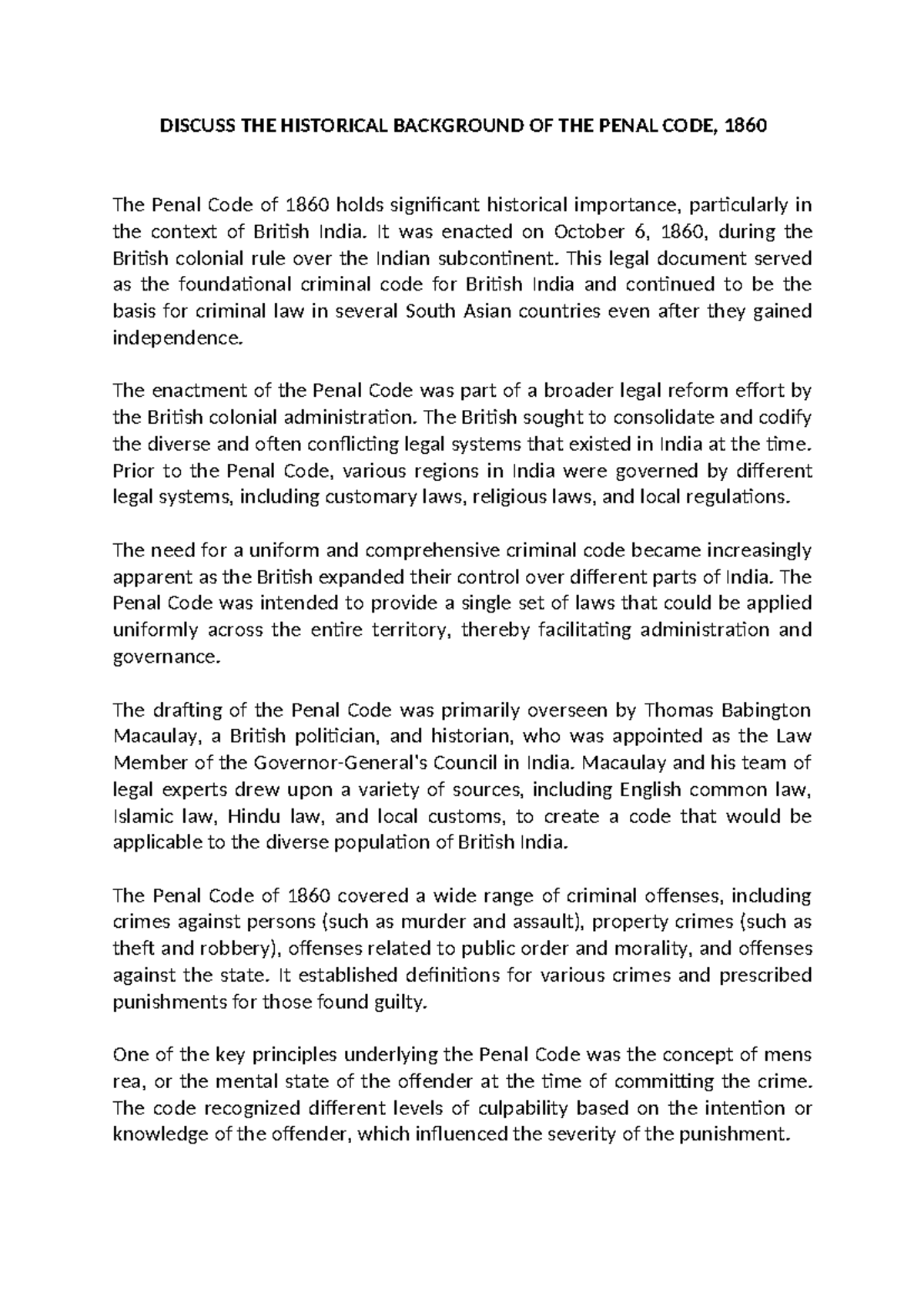 Class Lectures-1 - DISCUSS THE HISTORICAL BACKGROUND OF THE PENAL CODE ...
