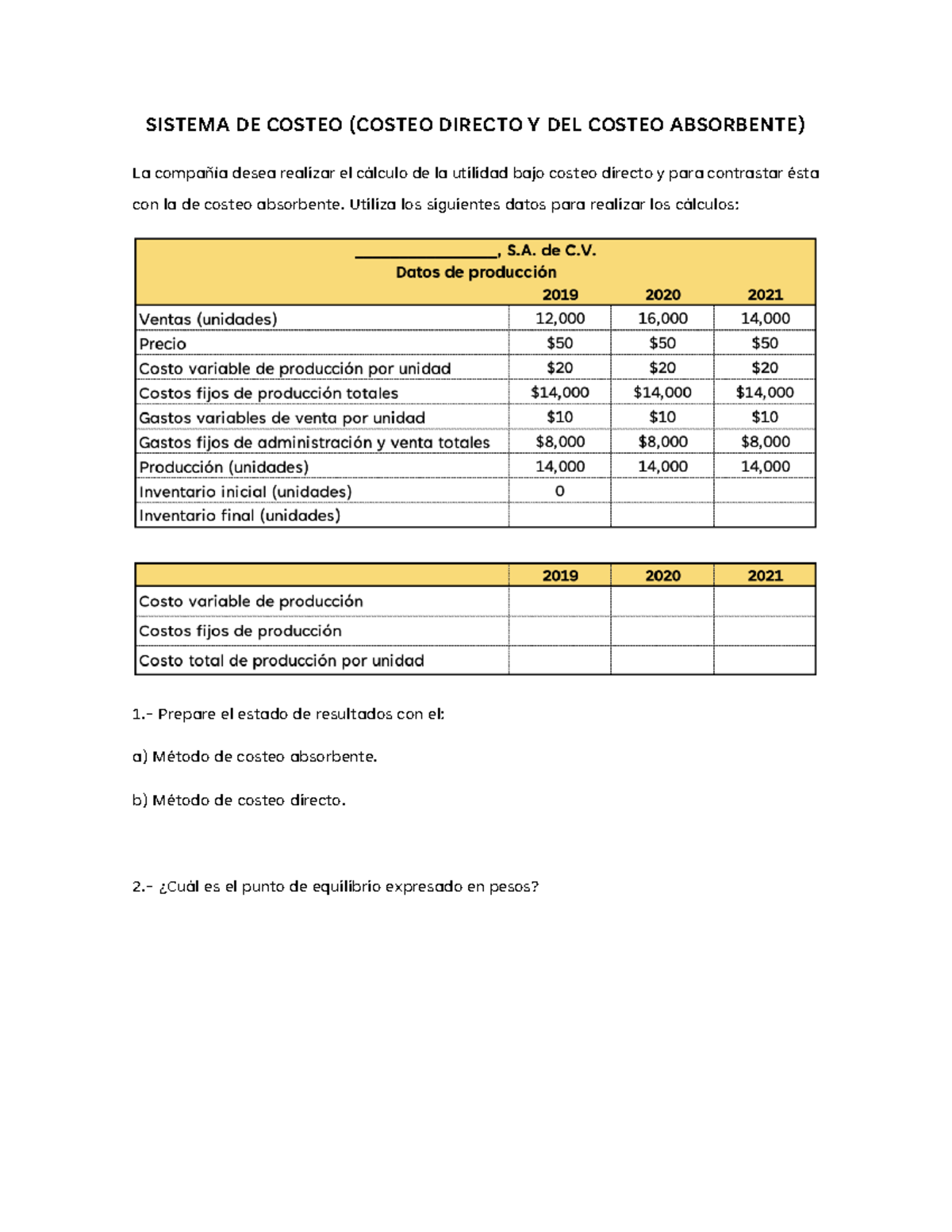 EQ 7 - guia - SISTEMA DE COSTEO (COSTEO DIRECTO Y DEL COSTEO ABSORBENTE) La compañía desea ...