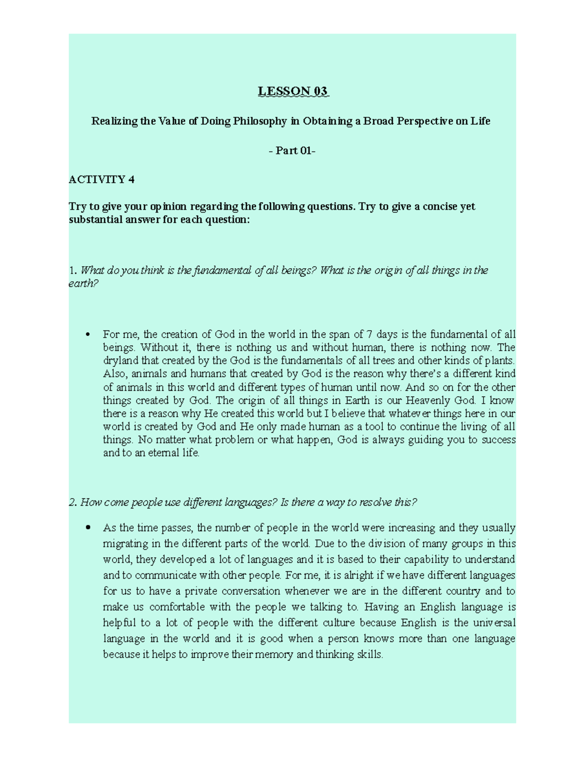 Activity 4 Philo - LESSON 03 Realizing the Value of Doing Philosophy in ...