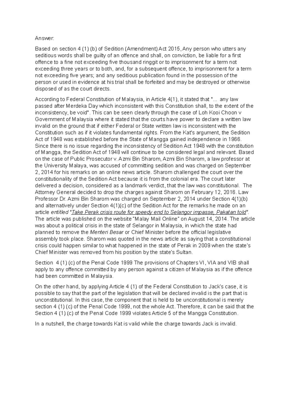 Tuto 5 - Not for sale - Answer: Based on section 4 (1) (b) of Sedition ...