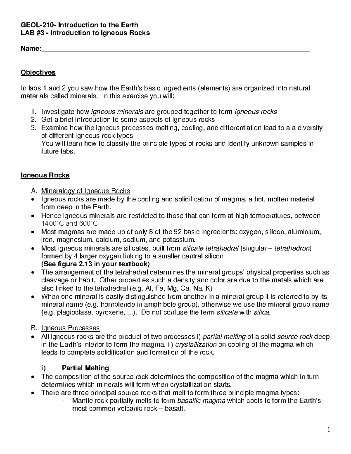 3-Lab3 Introduction to Igneous Rocks - GEOL-210- Introduction to the Earth LAB #3 - Introduction ...