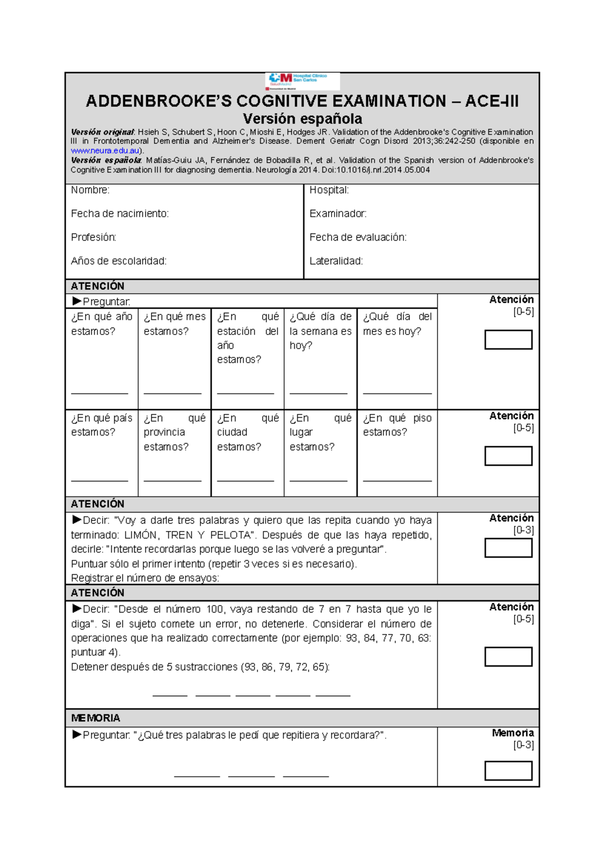 ACE III (3) - valoracion - ADDENBROOKE’S COGNITIVE EXAMINATION – ACE ...